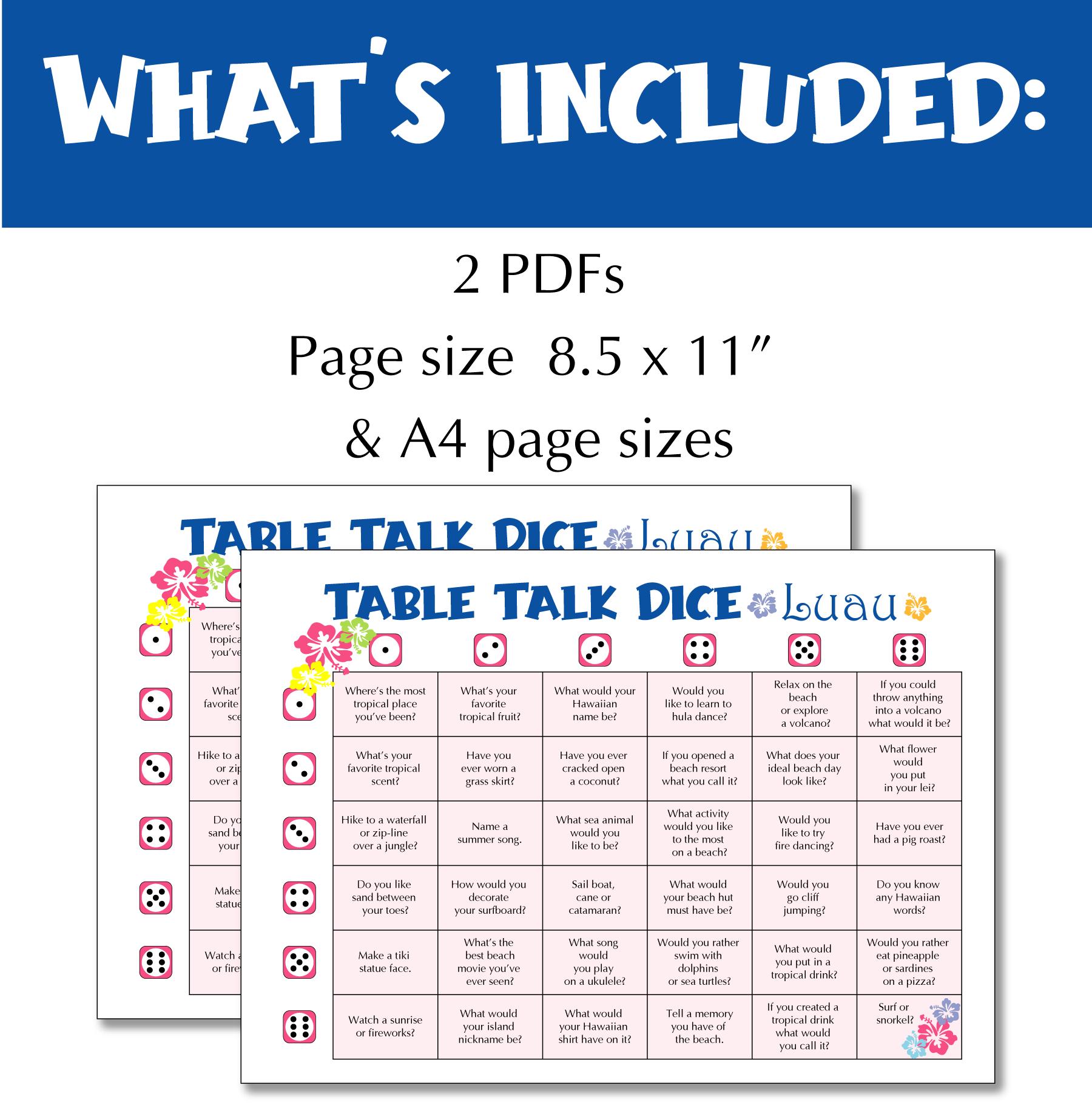 Table Talk Dice Game Icebreaker Game, Luau Dinner Game, Luau ...