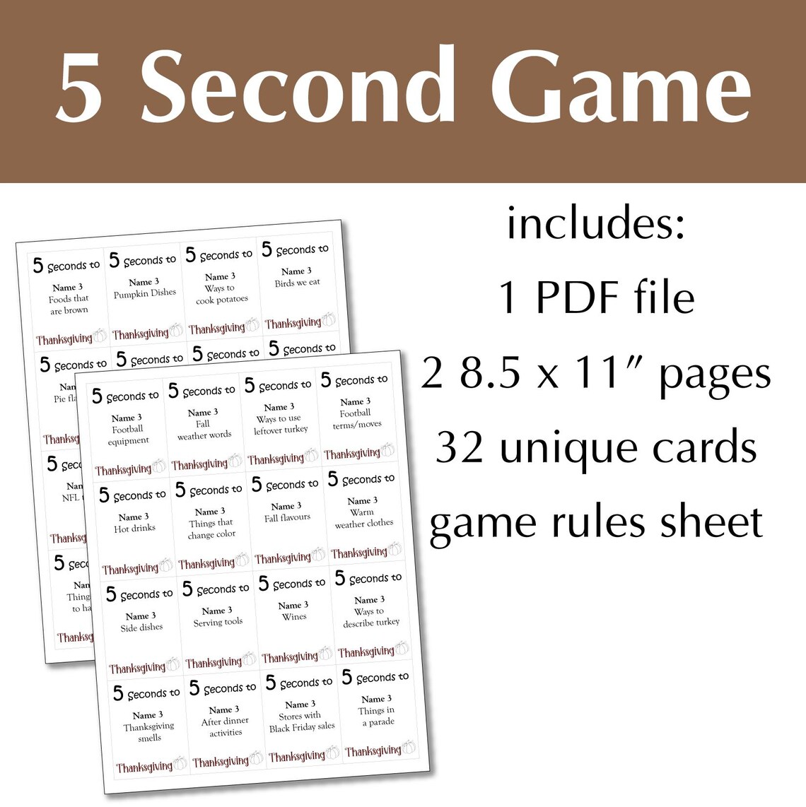 Thanksgiving 5 Second Game, Thanksgiving Party Game, Friendsgiving Game ...