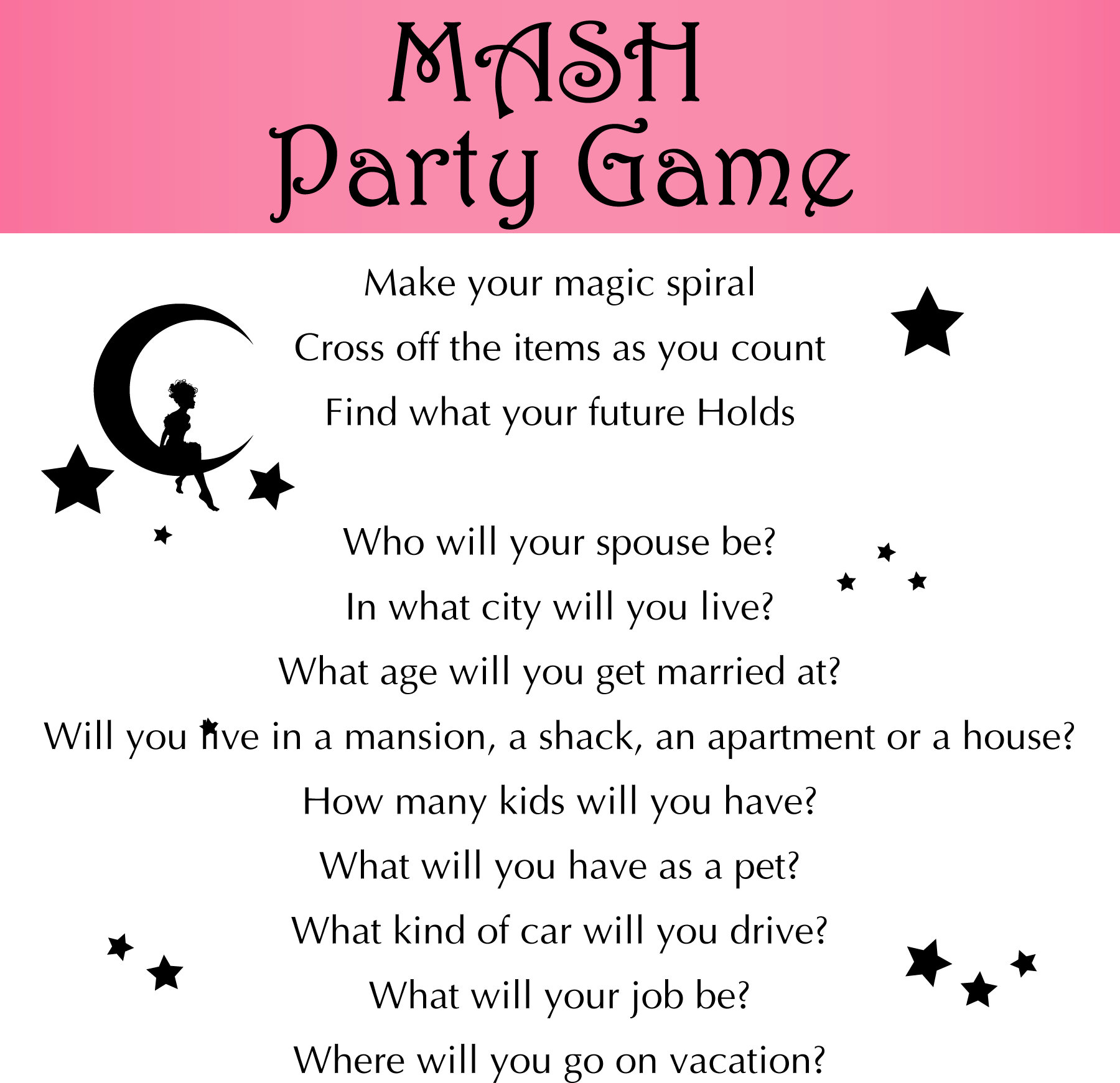 Printable MASH Game, Fortune Telling Game, Sleepover Game, Slumber ...