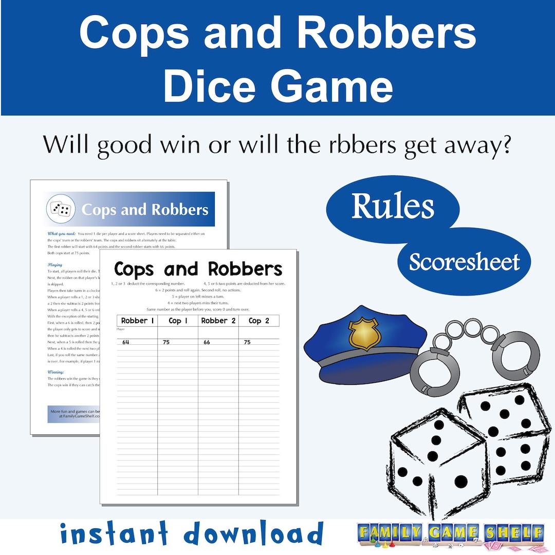 Cops and Robbers Printable Dice Game for Family Game Night Kid's Dice ...