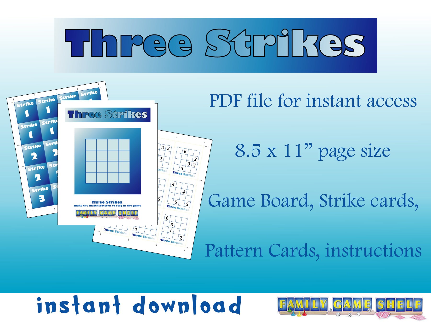 Printable Family Fun Dice Game Three Strikes, Printable Dice Game for ...