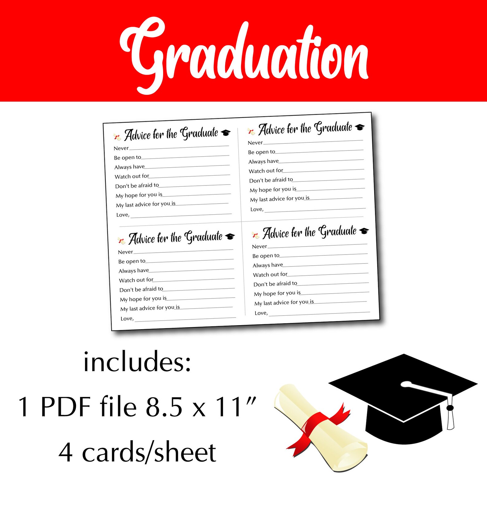 Advice for the Graduate Cards Printable, Graduation Keepsake, Grad ...
