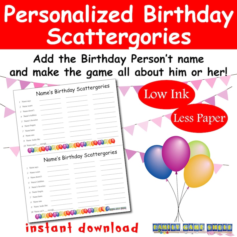 Customizable Birthday Scattergories Printable Game, Editable Categories ...