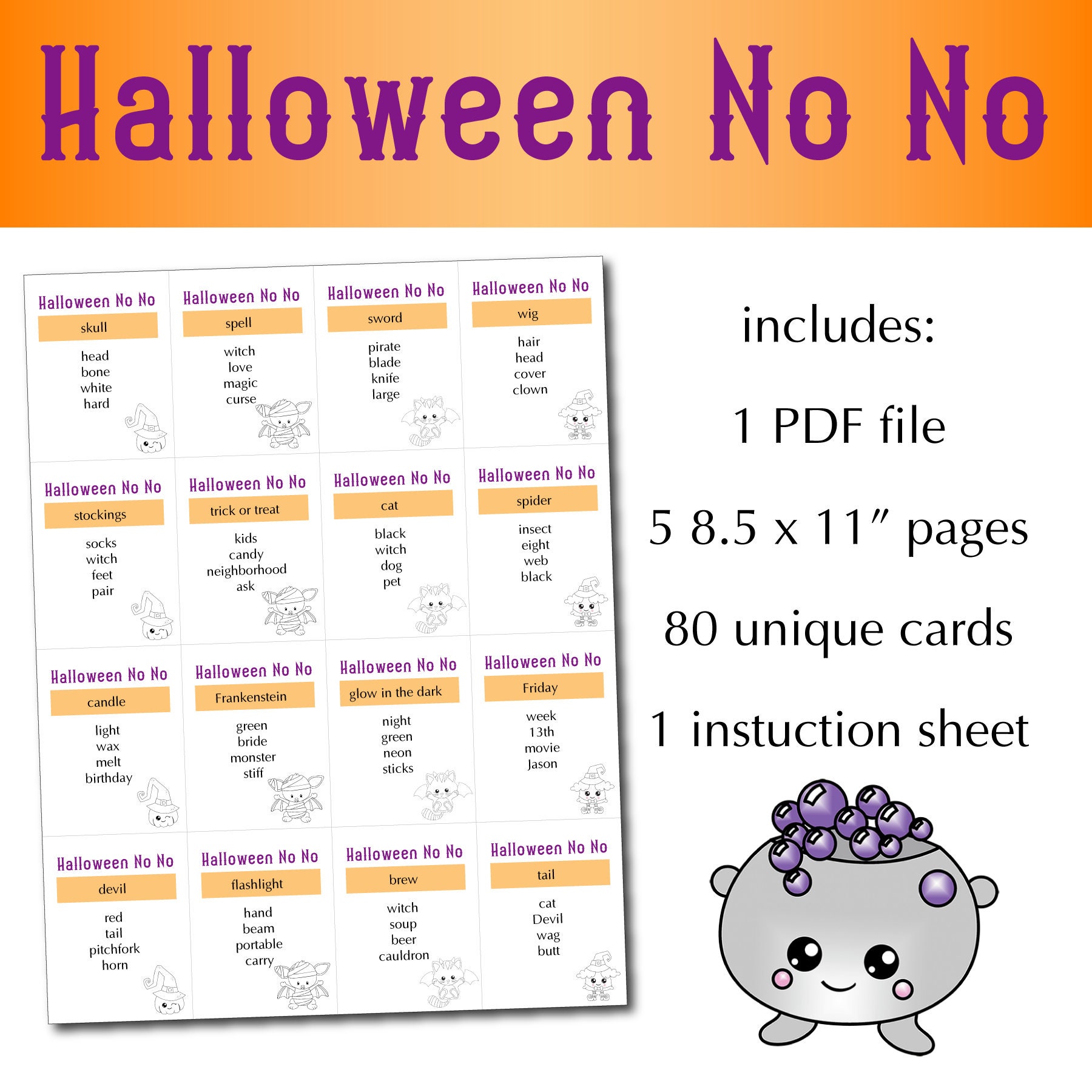 Printable Halloween Taboo Word Game, Halloween Themed Taboo Cards ...