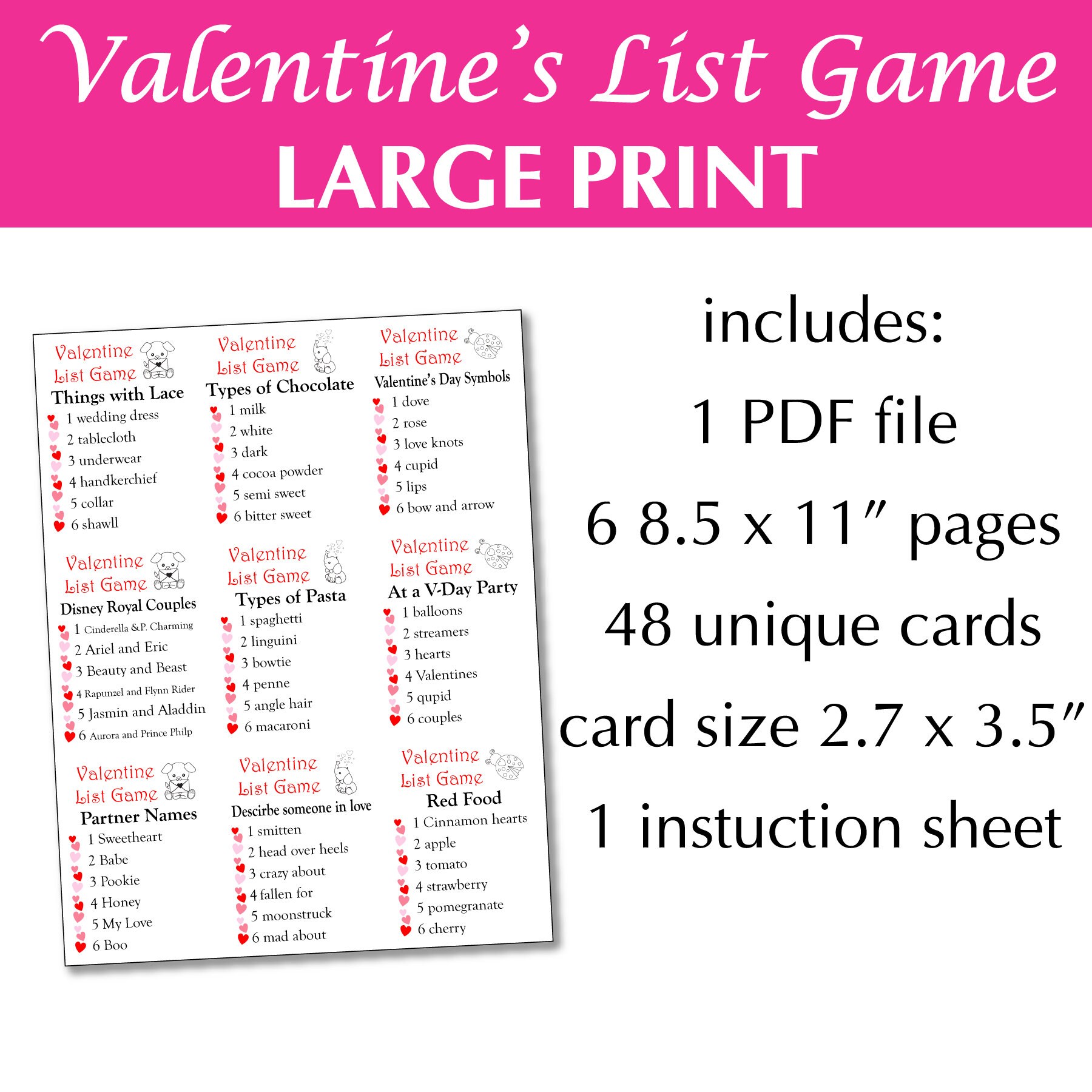 Large Print Printable Valentine's Day List Party Game - Etsy