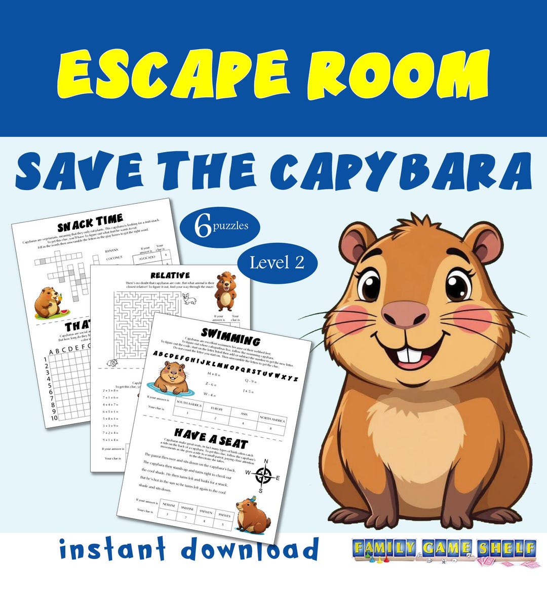 Capybara Themed Escape Room, Printable Escape Room Kit for Kids ...