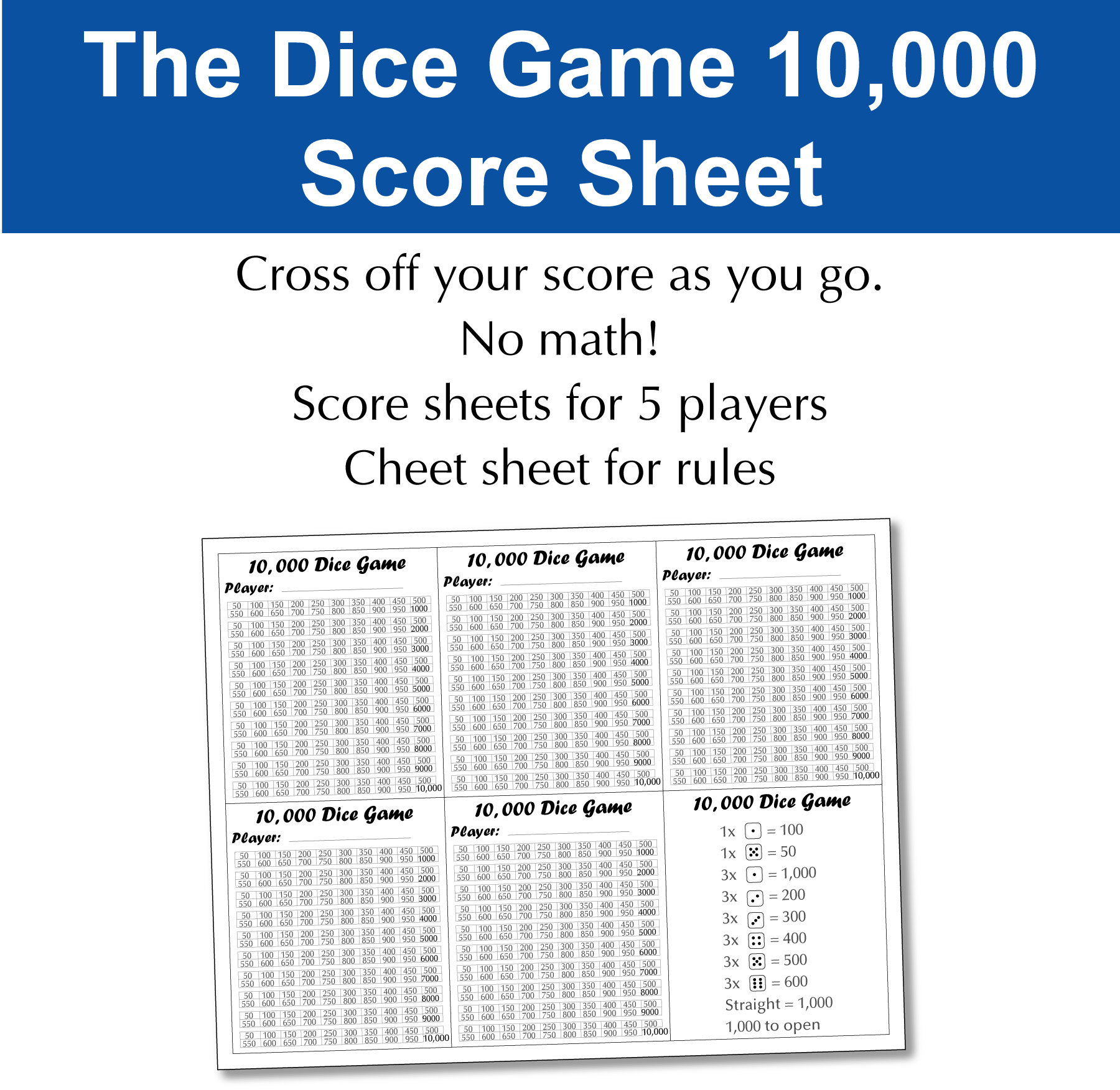 Buy Printable Rules And Score Sheet For The Dice Game 10 000 For Easy