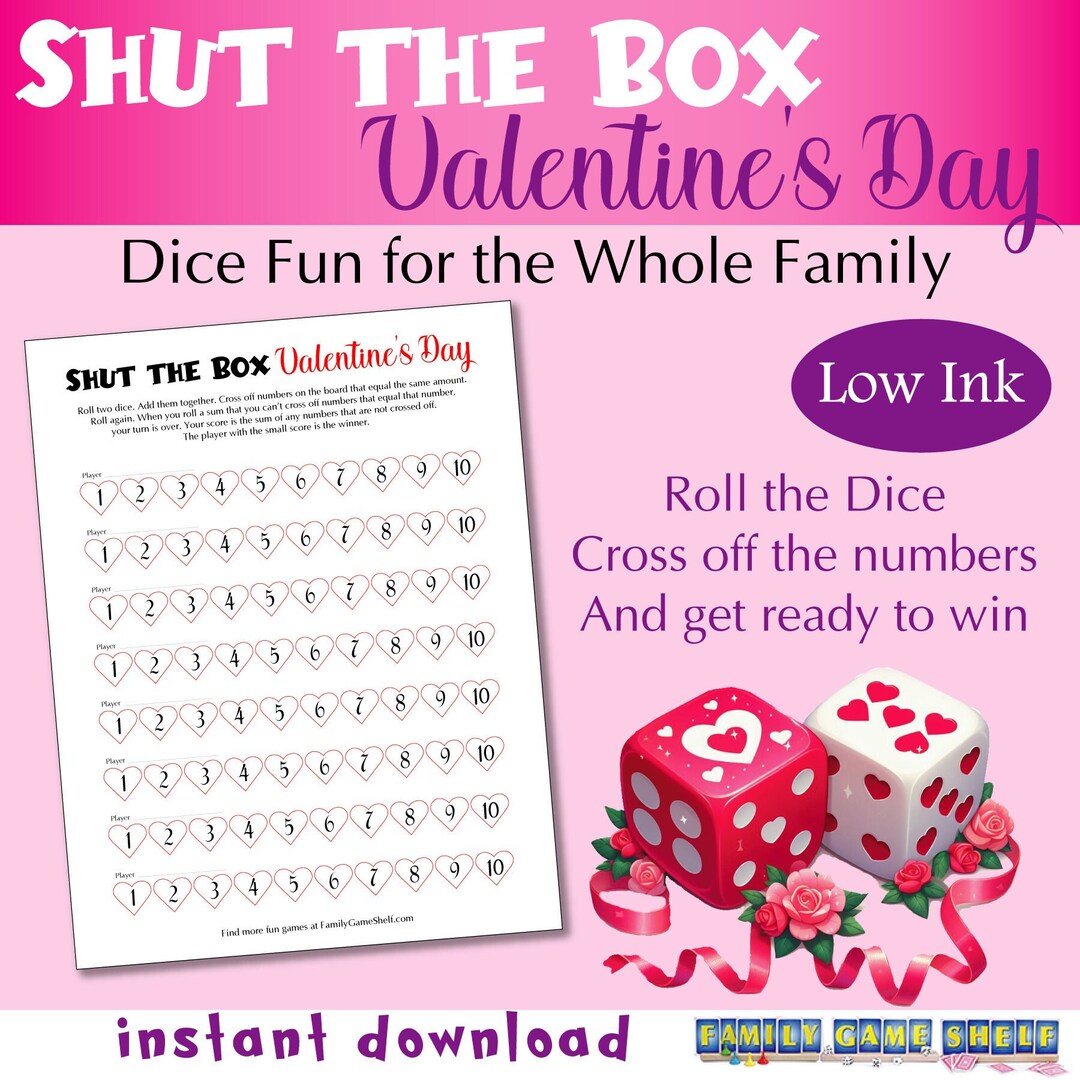 Printable Shut the Box Valentine's Day Game, Valentine's Day Dice Game ...