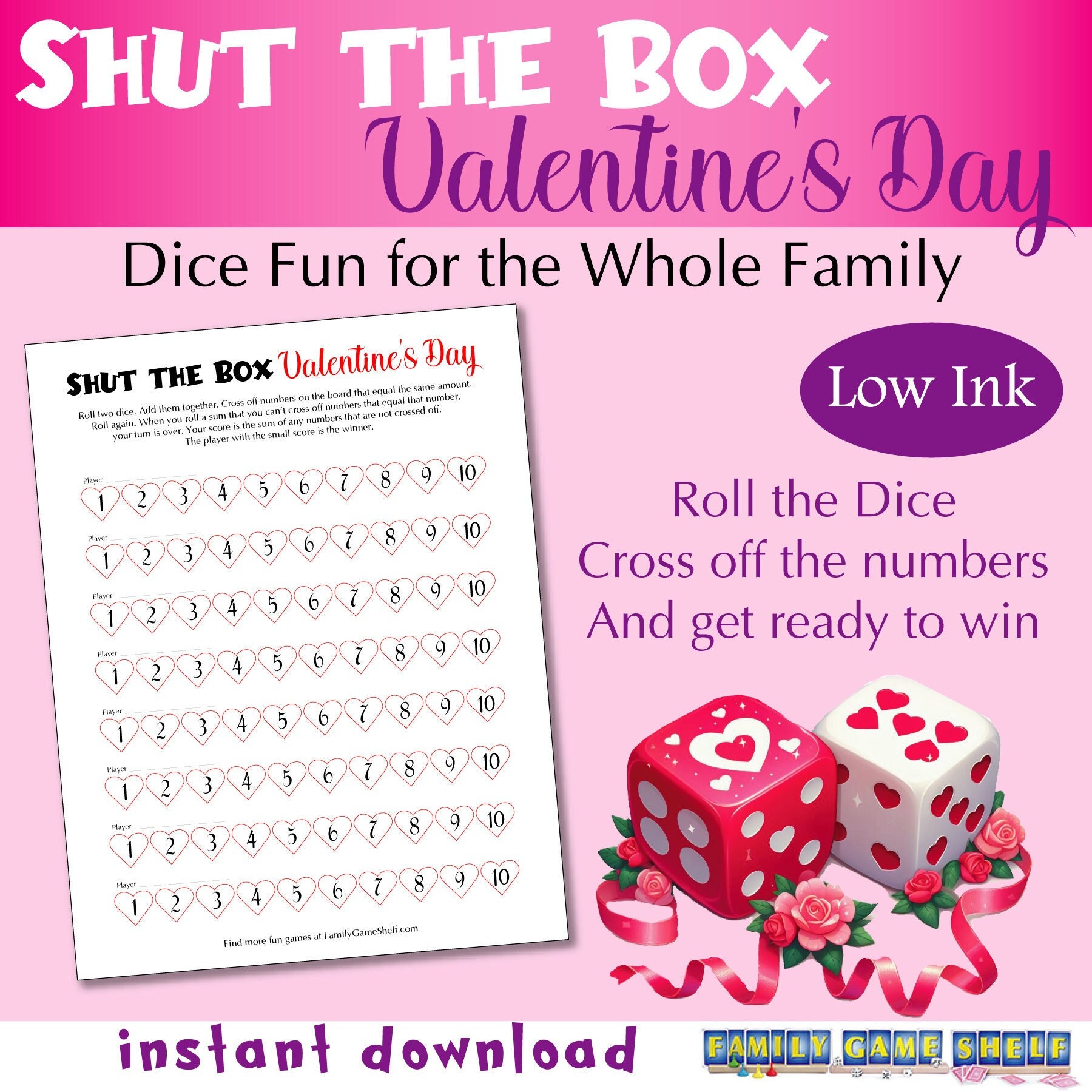 Printable Shut the Box Valentine's Day Game, Valentine's Day Dice Game ...