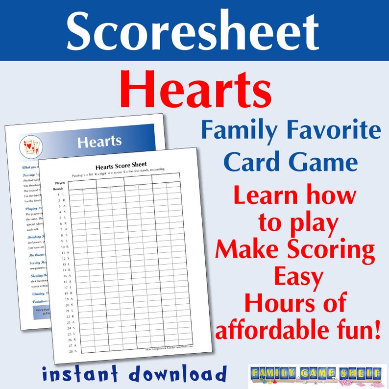 Printable Hearts Card Game Scoresheet, Hearts Score Card, Hearts Score ...