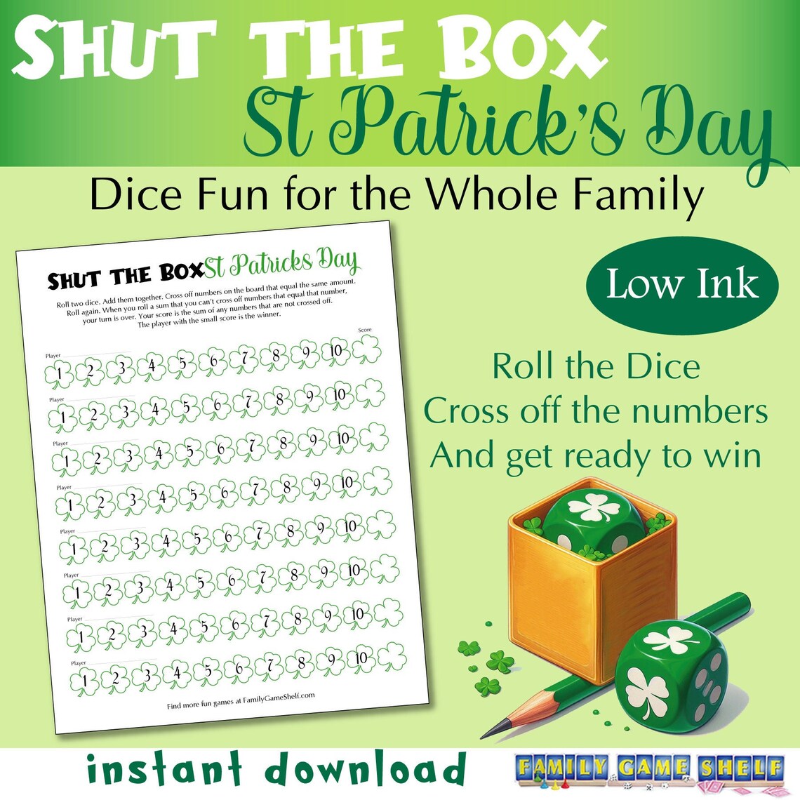 Printable Shut the Box St Patrick's Day Game, St Patrick's Day Dice ...