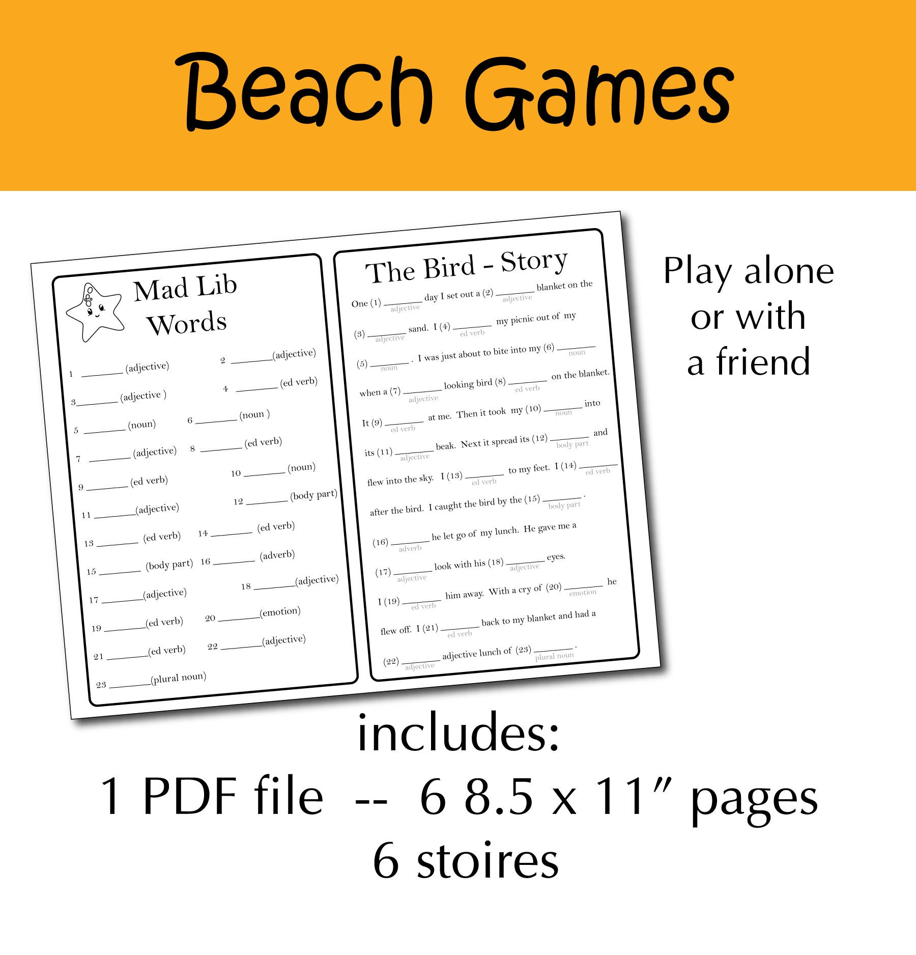 Printable Beach Mad Lib Stories for Kids, Fill in the Blanks Story ...