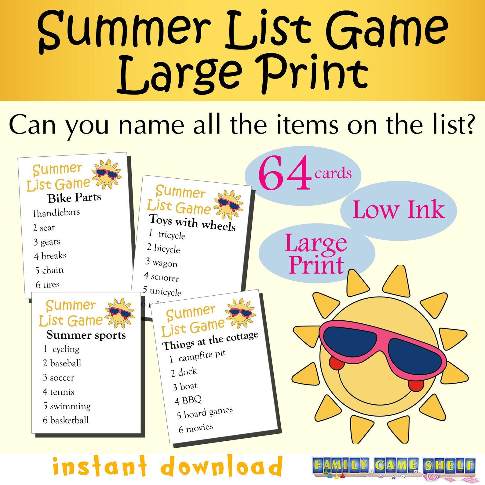 Large Print Printable Summer List Game Family Board Game, Summer Game ...