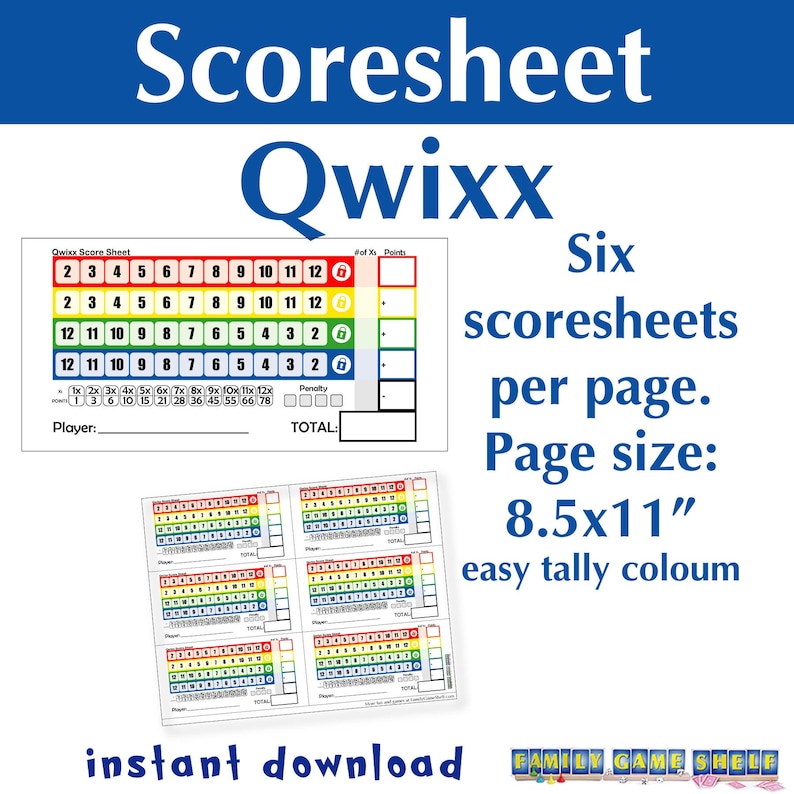 Printable Qwixx Dice Game Scoresheets, Quixx Dice Game, Score Card for ...