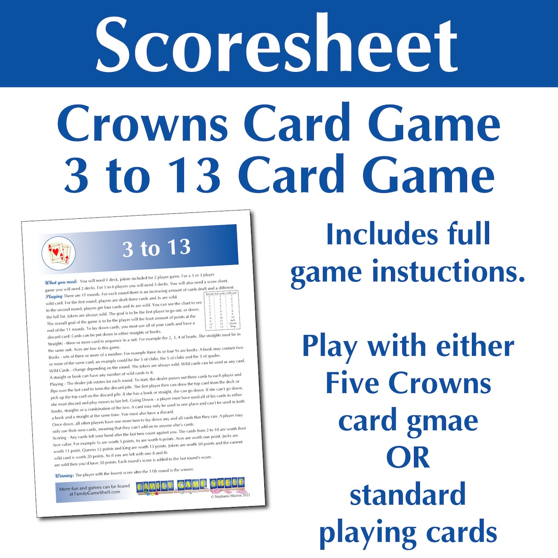 Printable Crowns Card Game and 3 to 13 Card Game Score Sheet - Etsy Canada