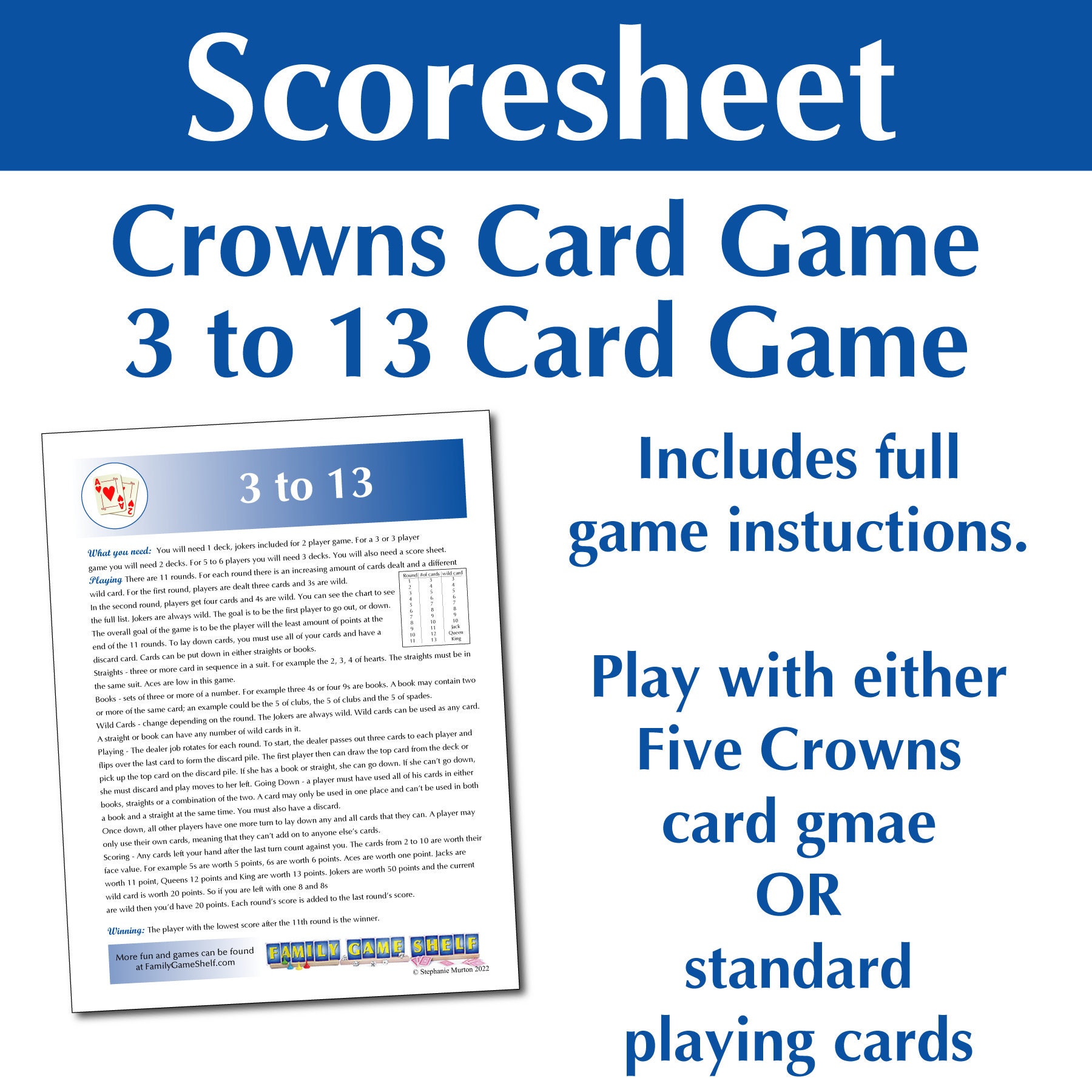 Printable Crowns Card Game and 3 to 13 Card Game Score Sheet - Etsy Canada