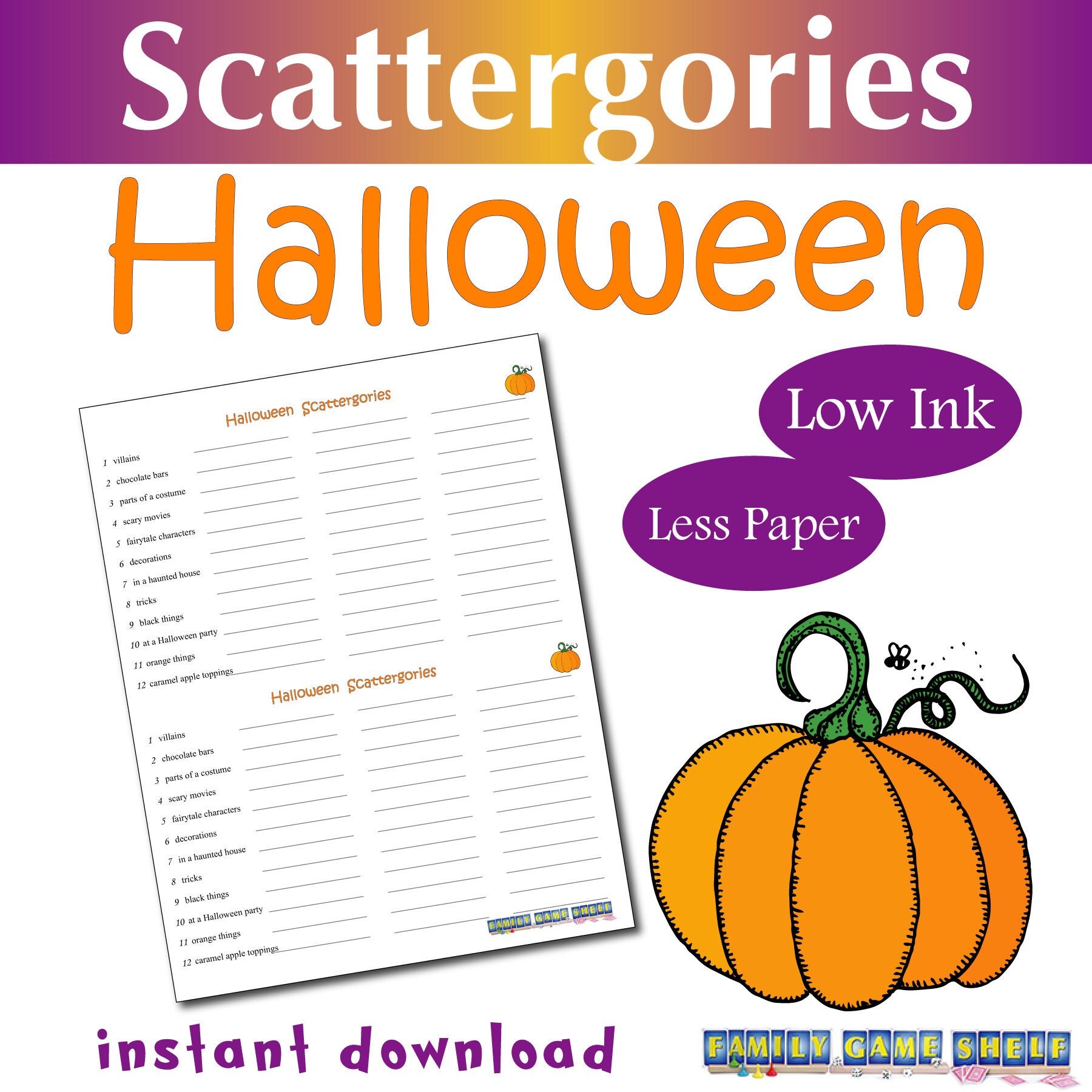 Printable Halloween Scattergories Game, Halloween Categories Game ...