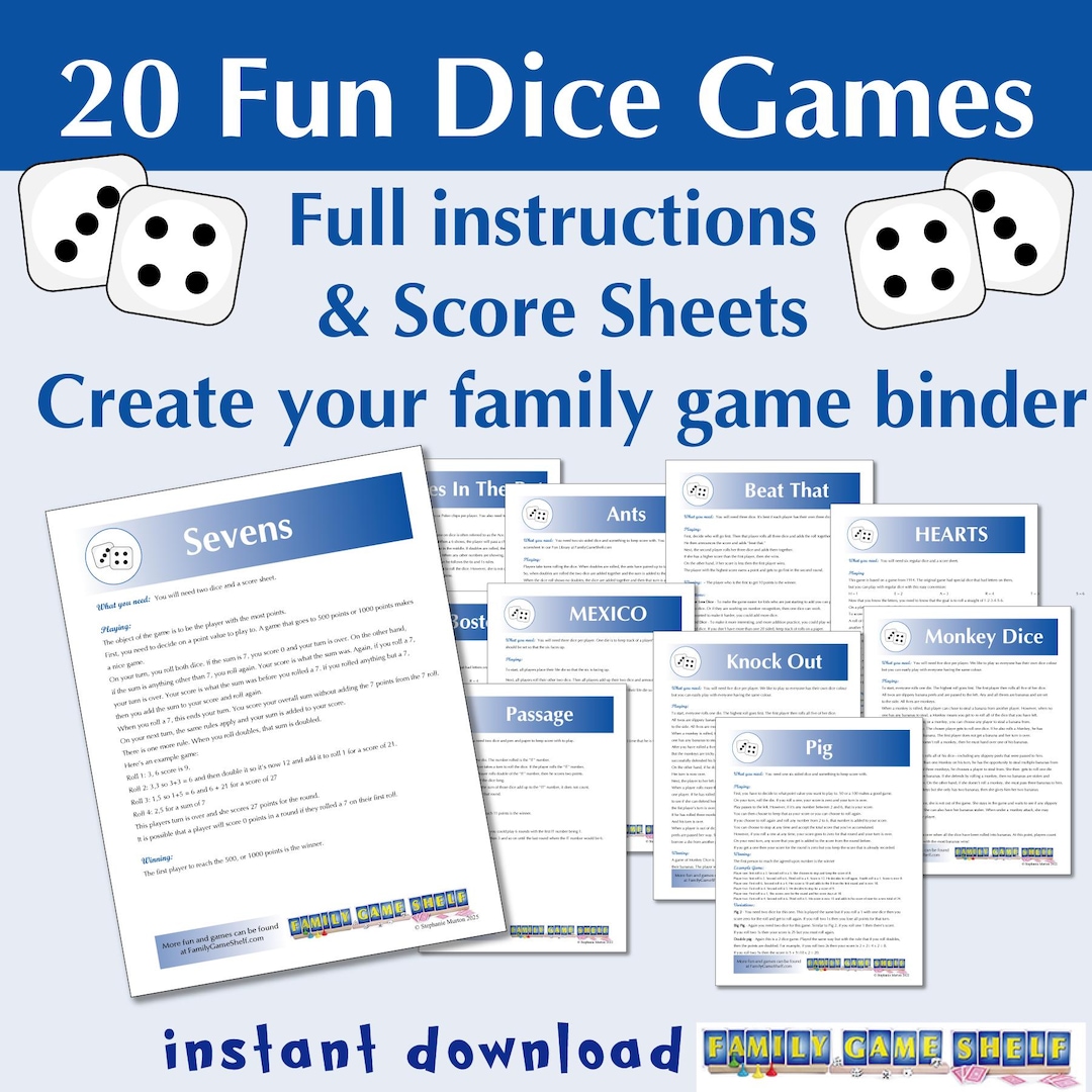 Printable Dice Game Rules and Instructions for 20 Fun Dice Games for ...