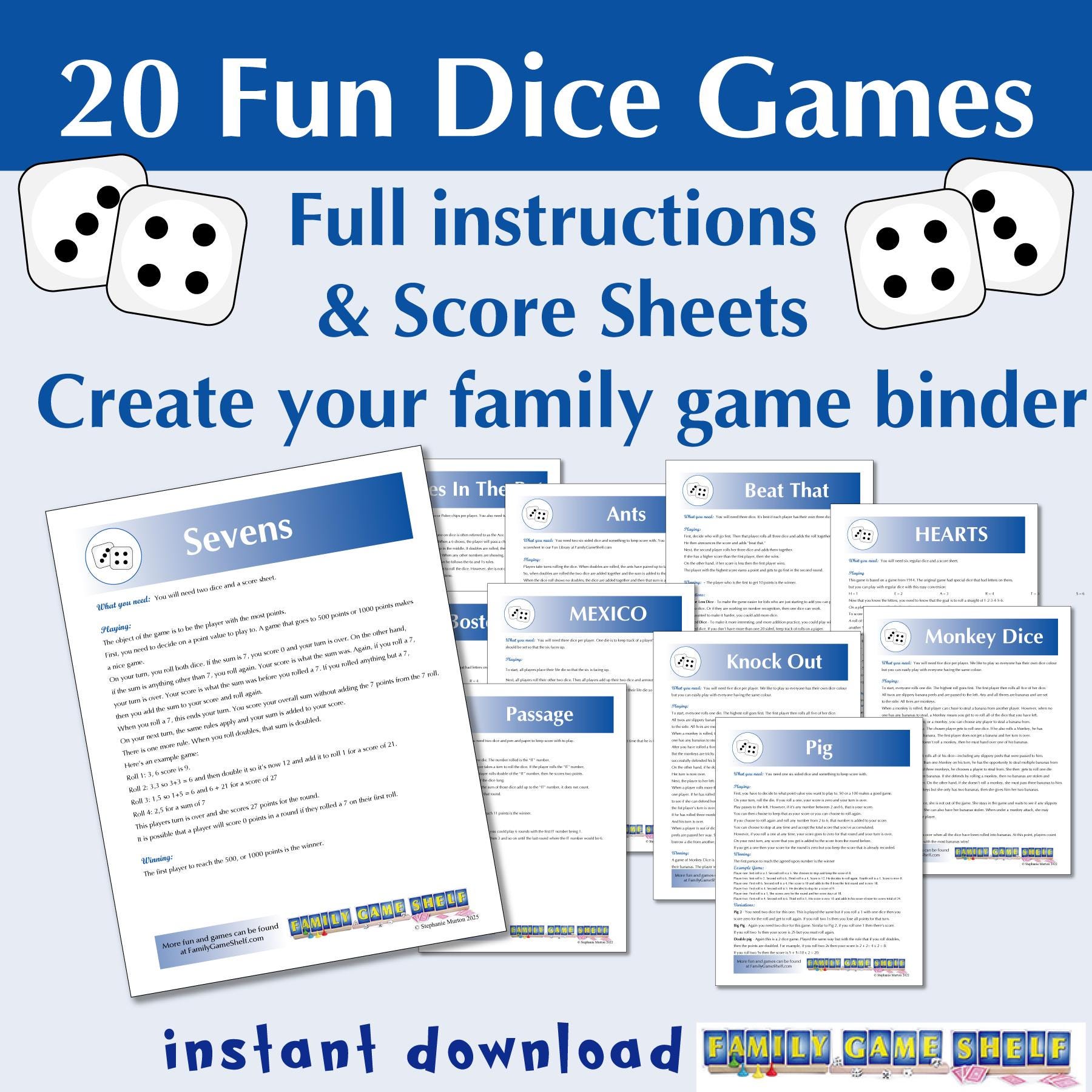 Printable Dice Game Rules and Instructions for 20 Fun Dice Games for ...