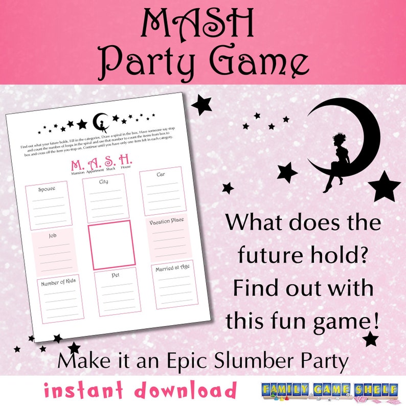 Printable MASH Game, Fortune Telling Game, Sleepover Game, Slumber ...