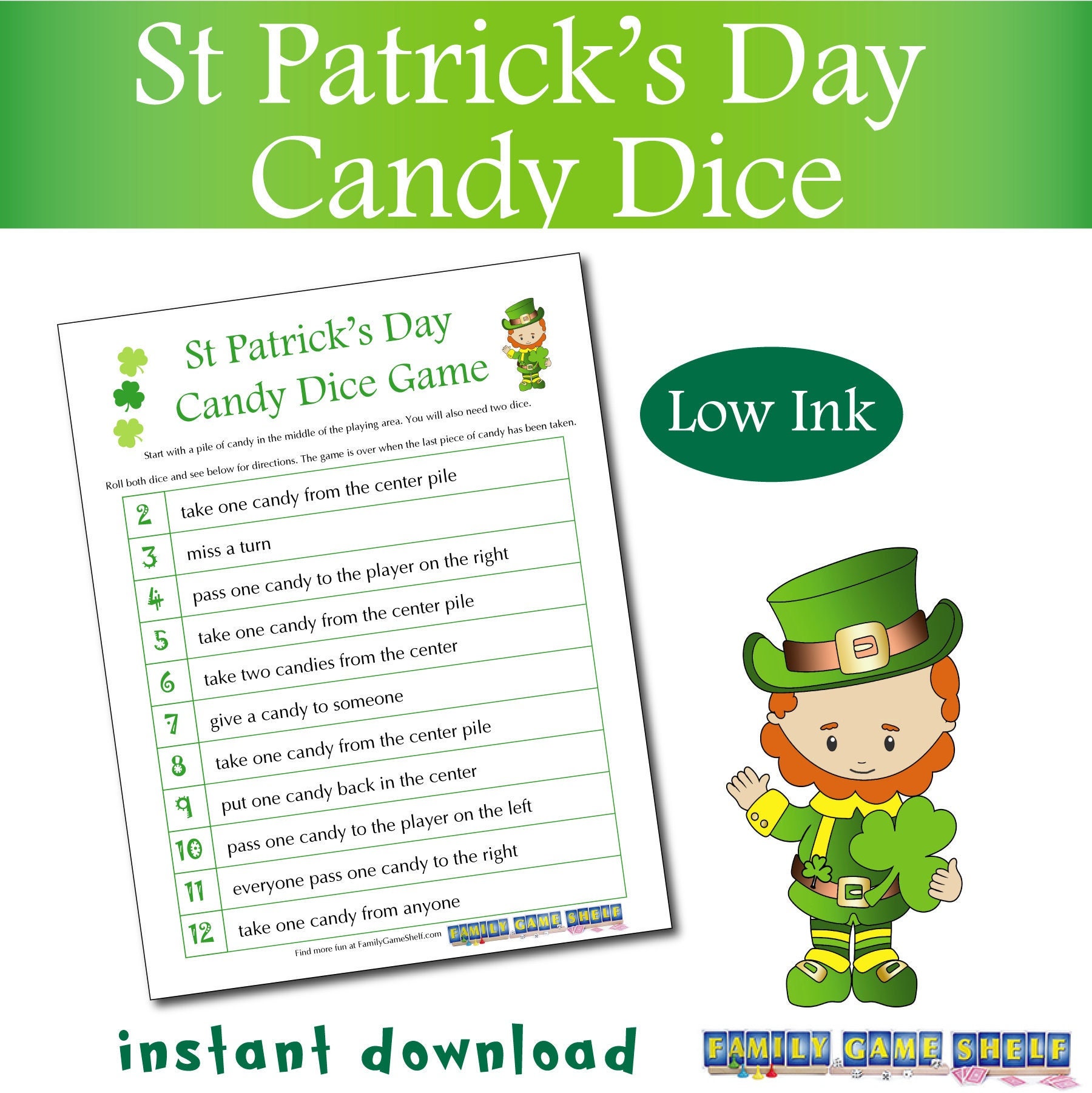 Printable St Patrick's Day Candy Dice Party Game, Candy Dice Game for ...