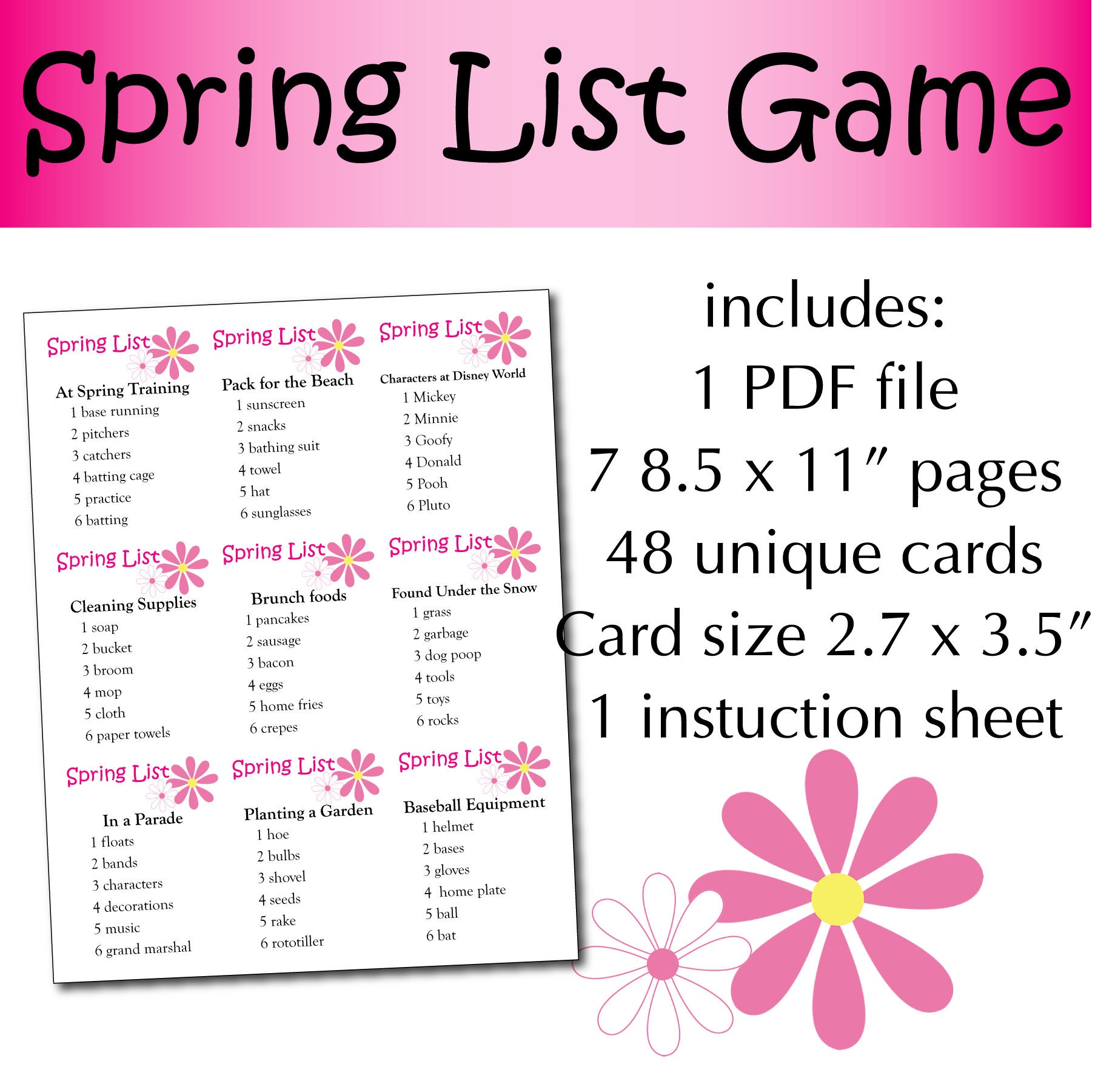 Large Print Printable Spring List Game, Spring Party Game Printable ...