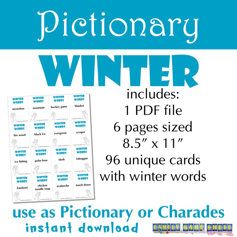 Printable Winter Pictionary or Charades for Families, Winter Party Game ...