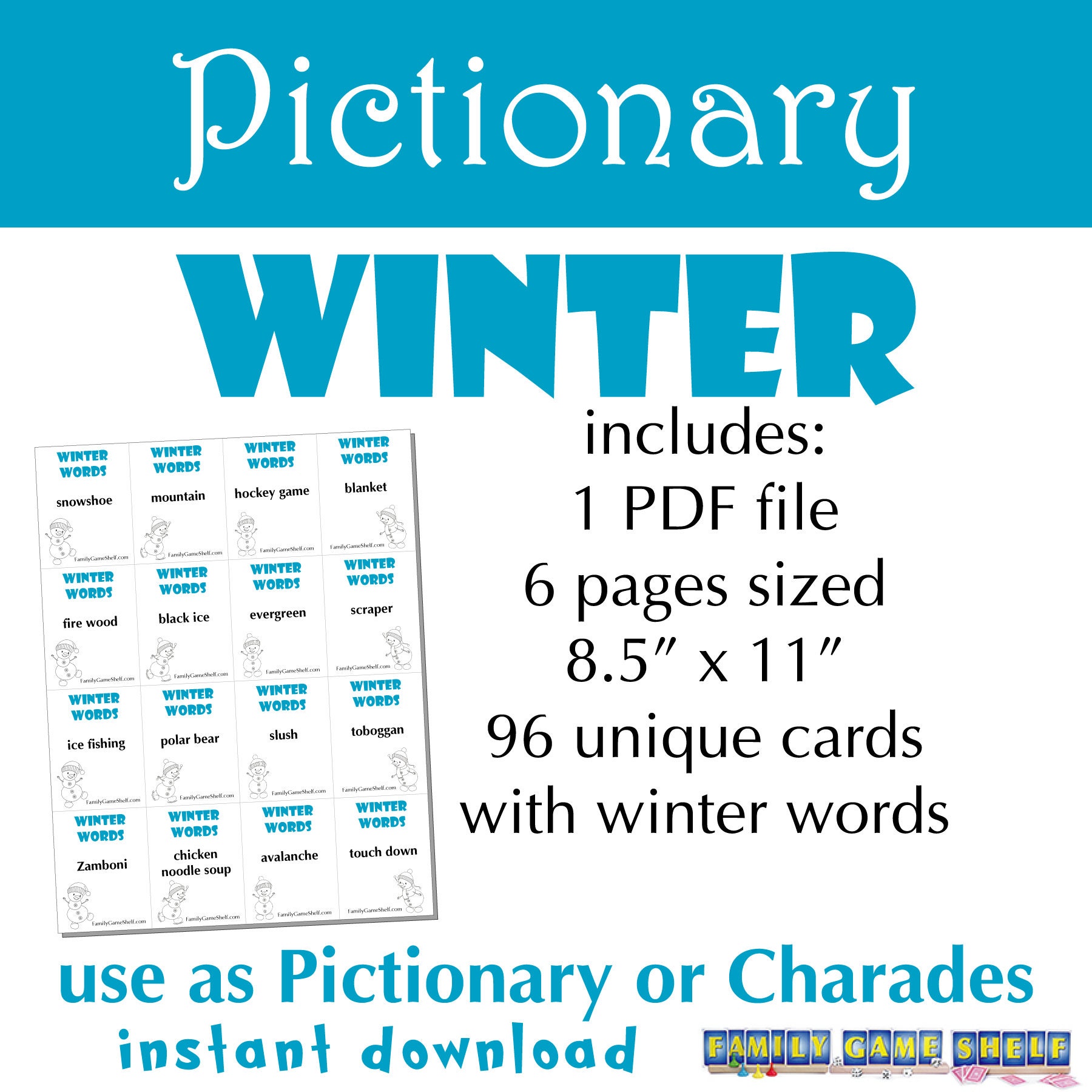 Printable Winter Pictionary or Charades for Families, Winter Party Game ...