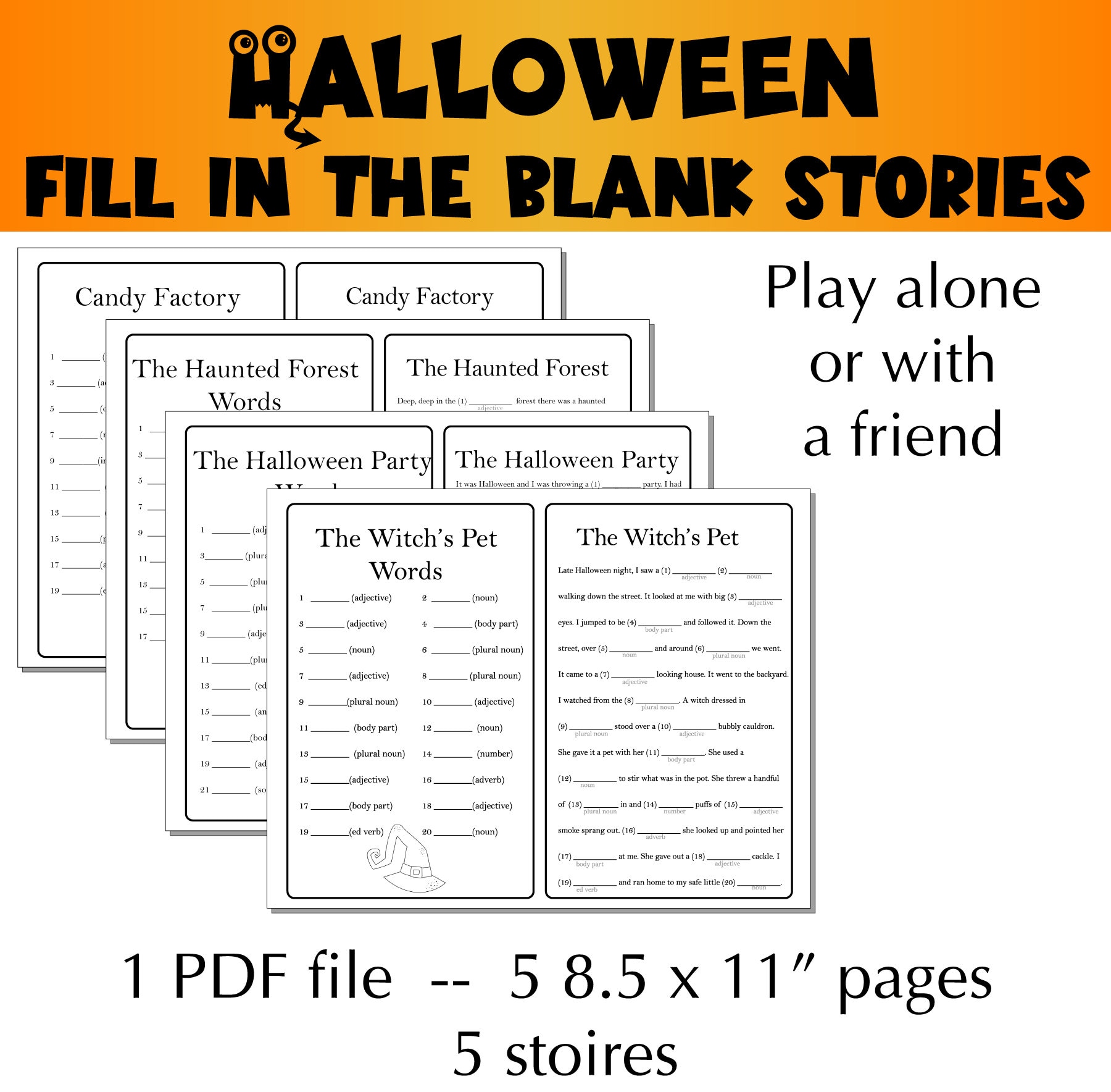 Printable Halloween Fill in the Blank Stories, Halloween Stories for ...