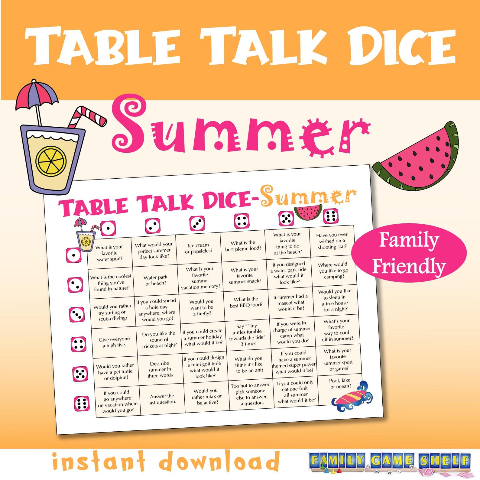 Table Talk Dice Game Icebreaker Game, Summer Dinner Game, Spring ...