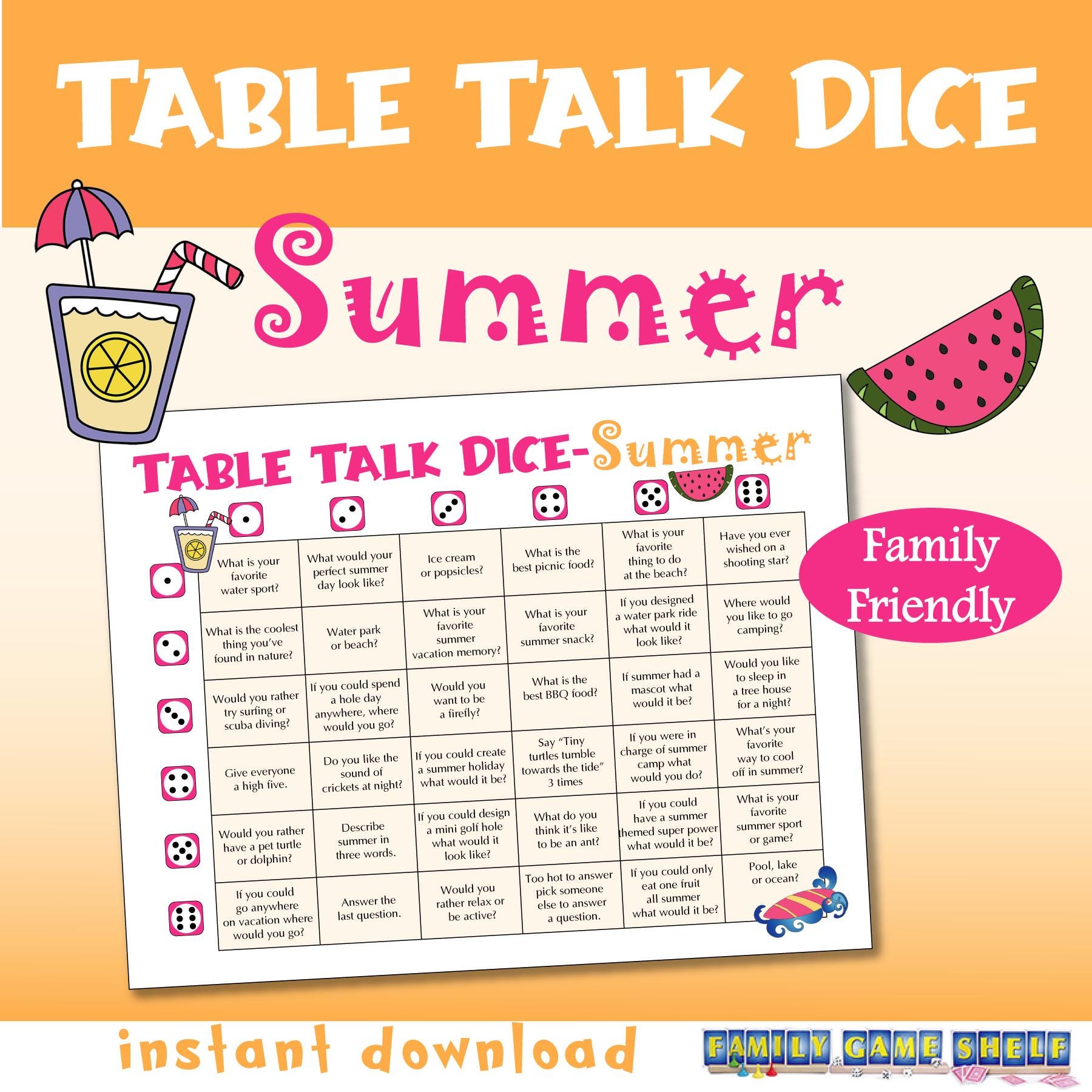 Table Talk Dice Game Icebreaker Game, Summer Dinner Game, Spring ...