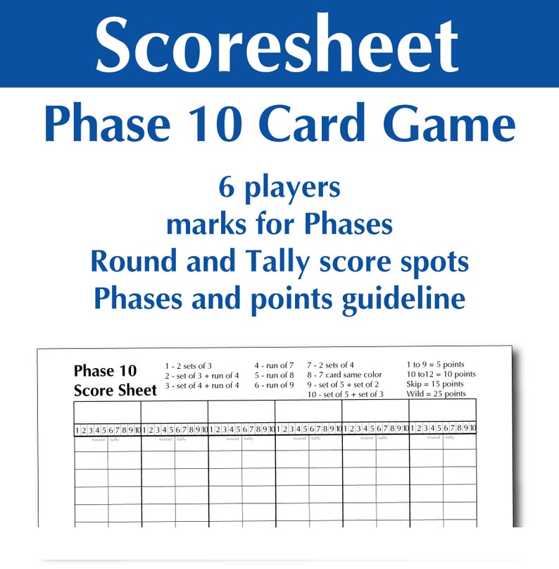Printable Phase 10 Card Game Score Sheet, Phase Ten Scoresheet, Phase ...