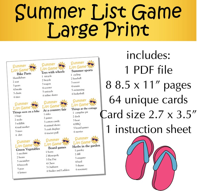 Large Print Printable Summer List Game Family Board Game, Summer Game ...