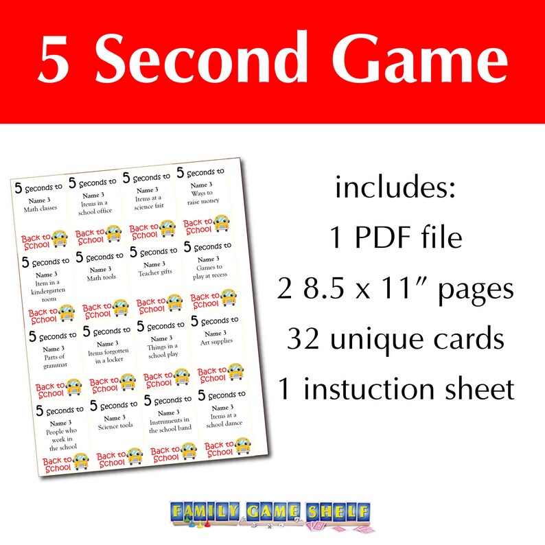 Printable Back to School 5 Second Game, Back to School Printable Game ...