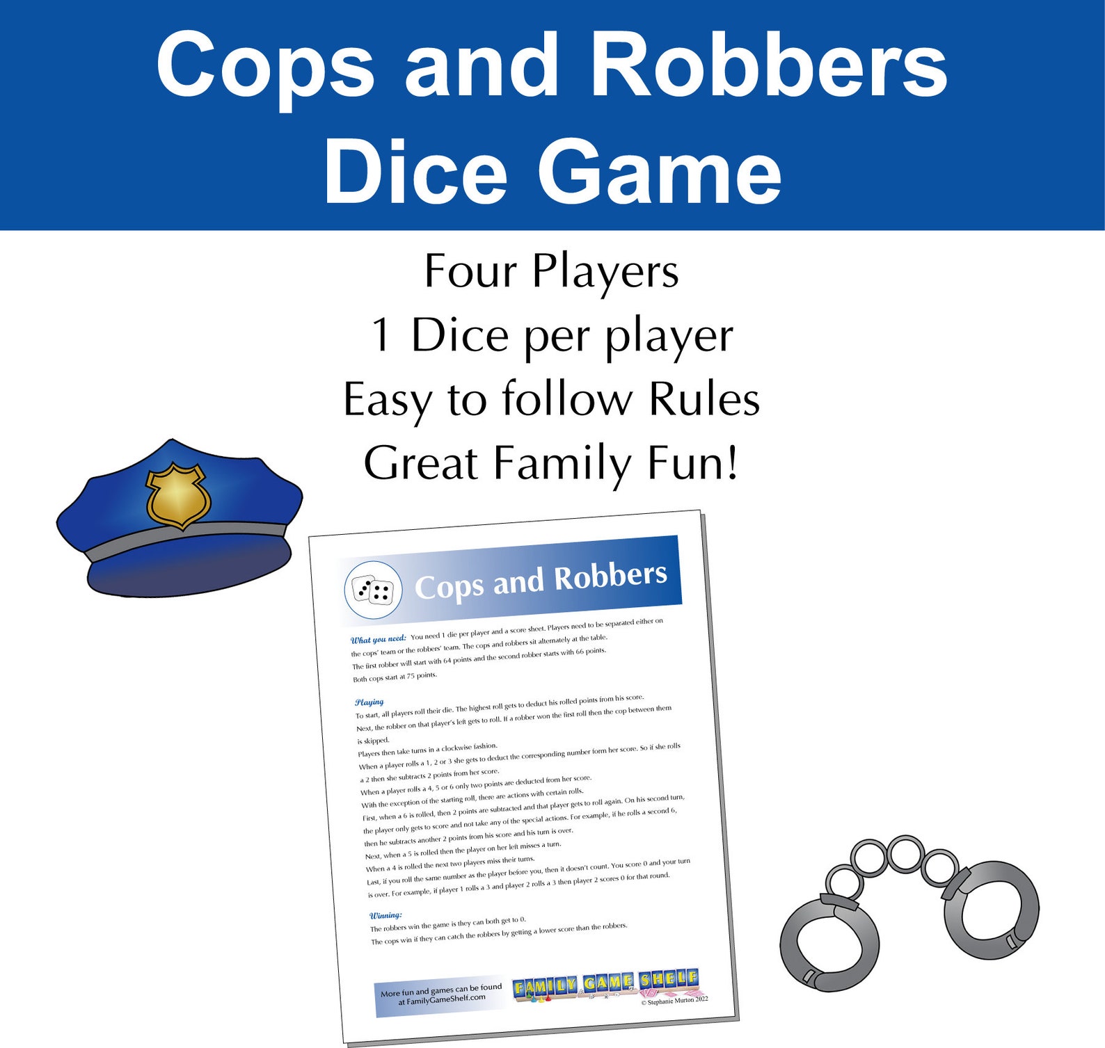 Cops and Robbers Printable Dice Game for Family Game Night Kid's Dice ...