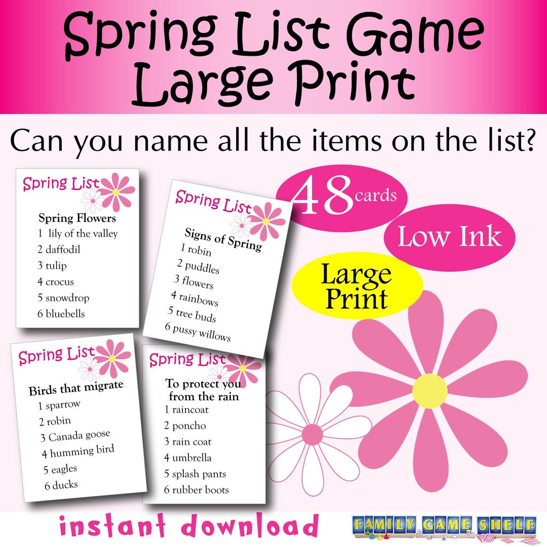 Large Print Printable Spring List Game, Spring Party Game Printable ...