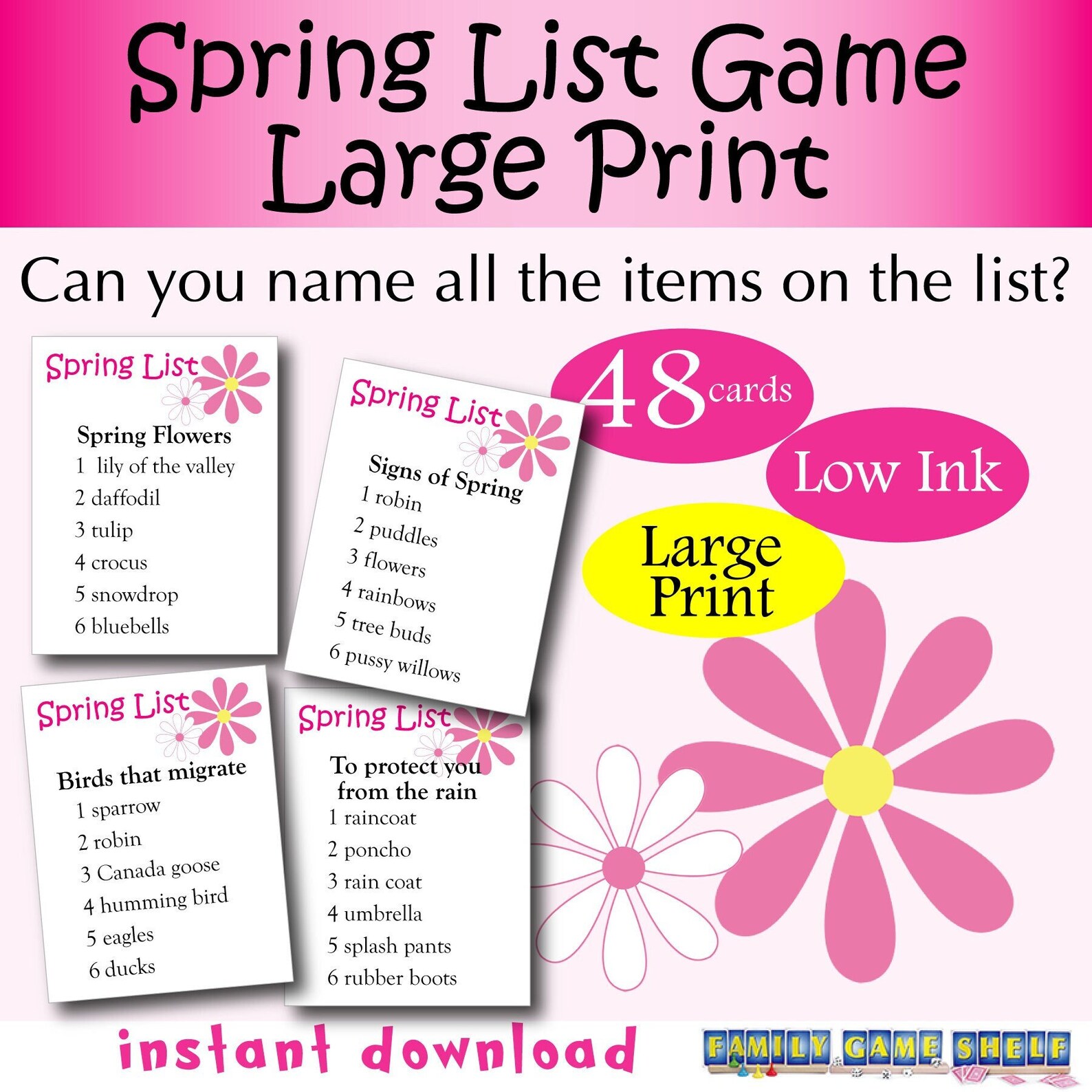 Large Print Printable Spring List Game, Spring Party Game Printable ...