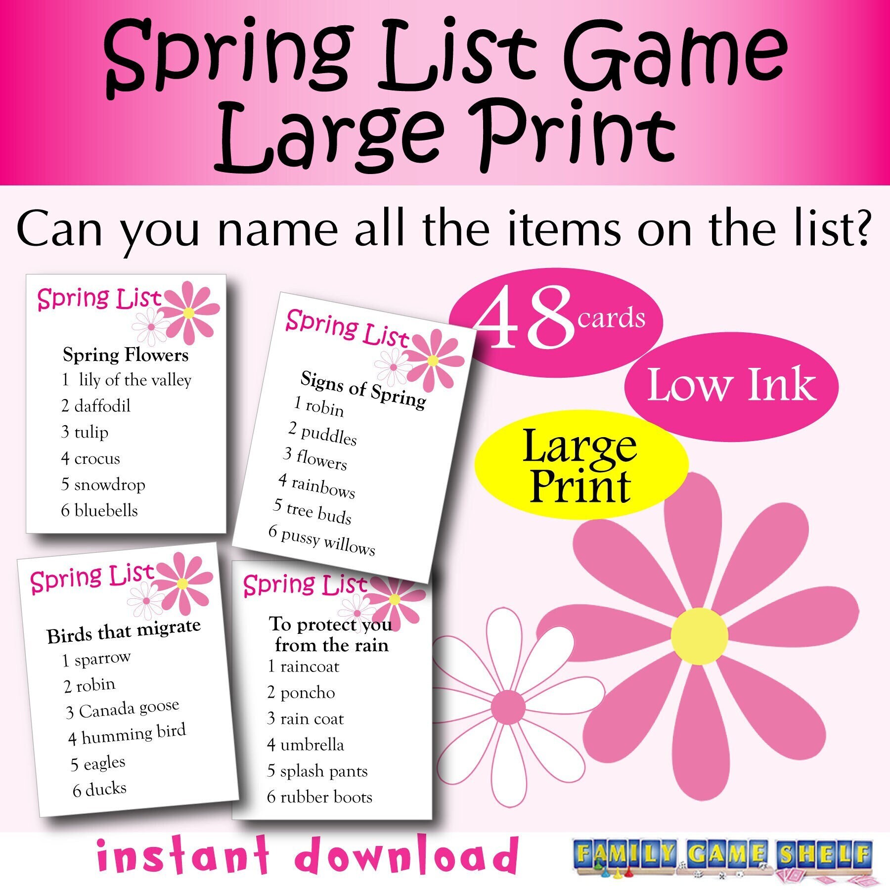 Large Print Printable Spring List Game, Spring Party Game Printable ...