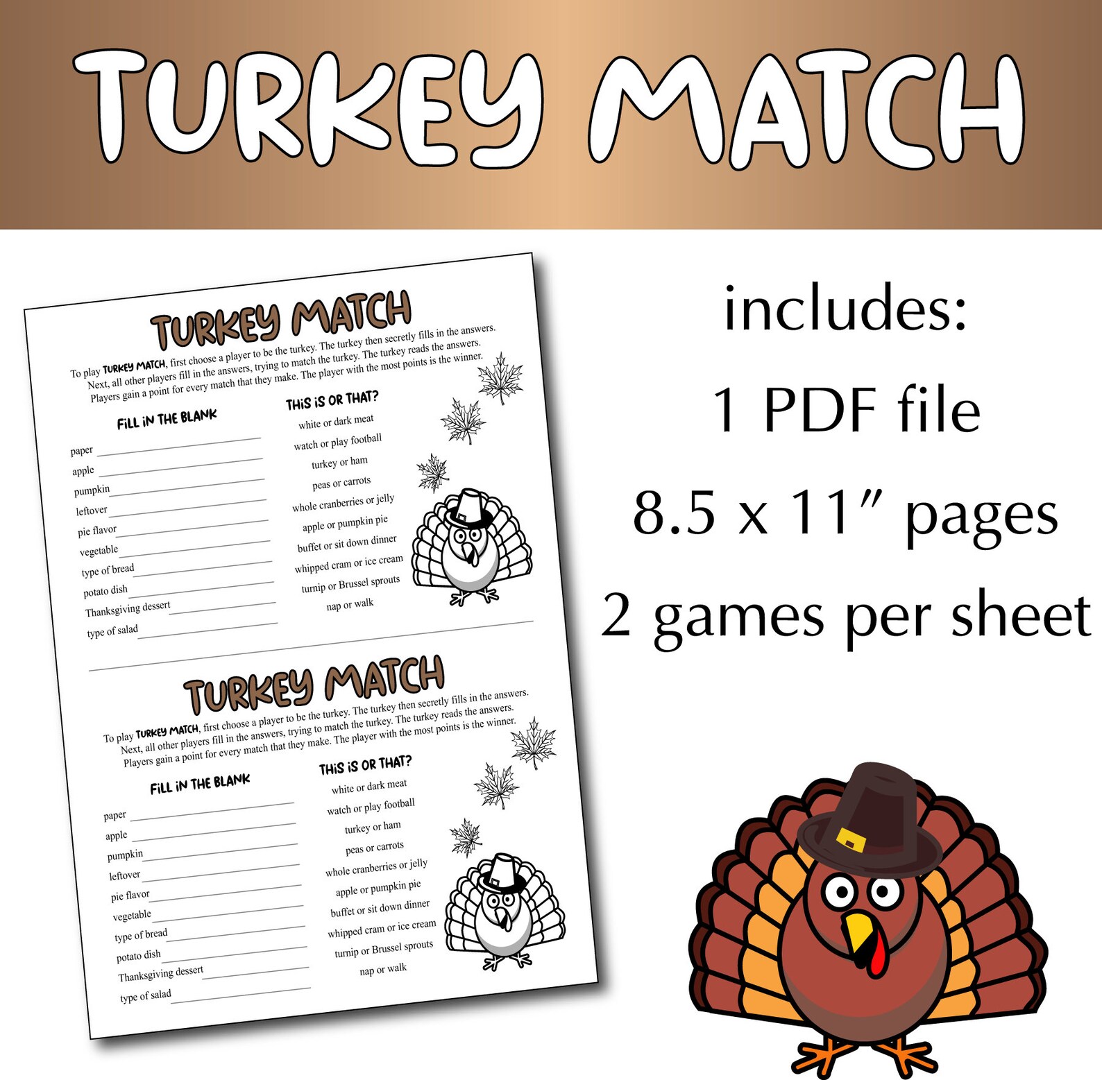 Thanksgiving Game Turkey Match for Families, Printable Thanksgiving ...