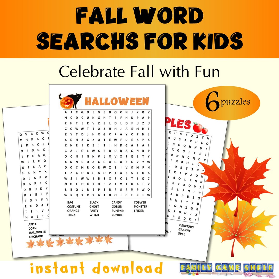 Fall Word Searches for Kids, Printable Fall Party Games, Fall ...