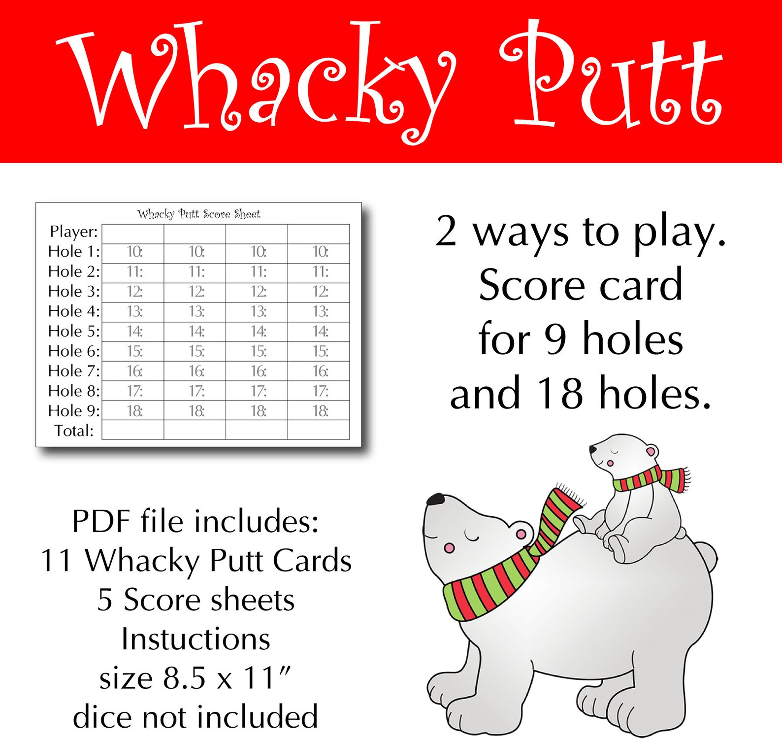 Printable Whacky Putt Christmas Mini Golf Dice Game, Dice Game for ...
