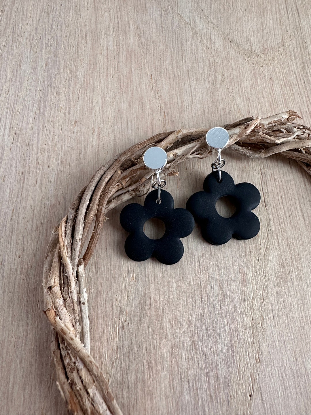Black Daisy Dangles With 18k Gold Post, Black Clay Cute Earrings ...