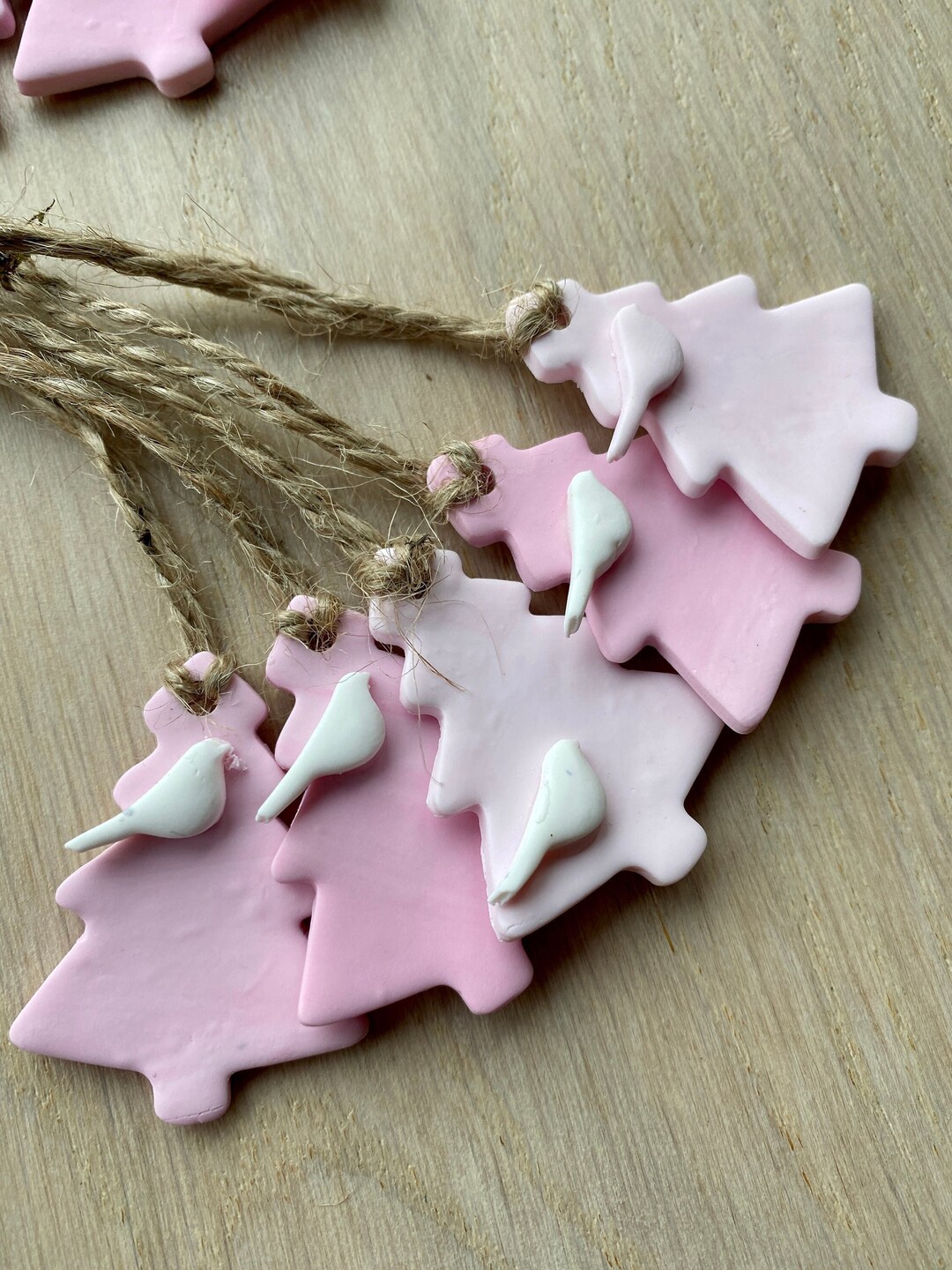 Set of 5 Petite Pastel Pink Trees With Tiny Bird, Christmas Clay Gift ...