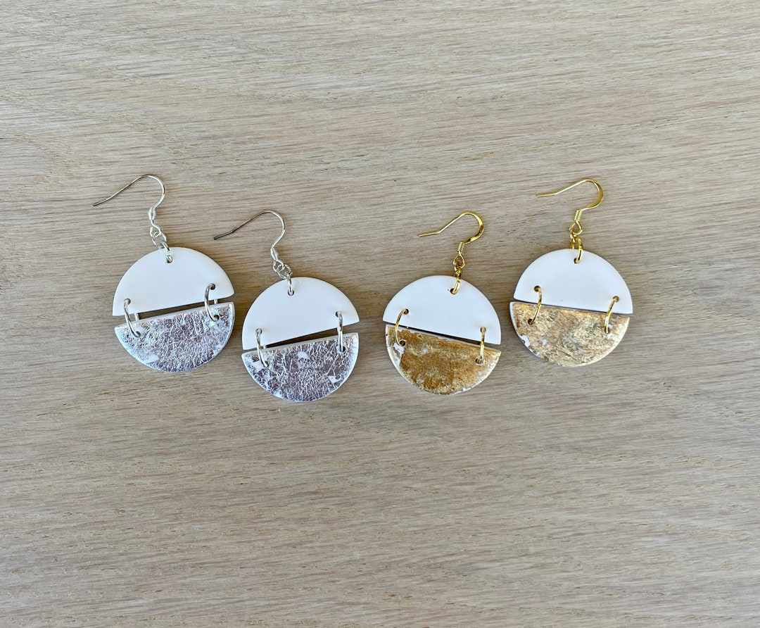 White Clay & Gold or Silver Leaf Disc Collection, Geometric Clay ...