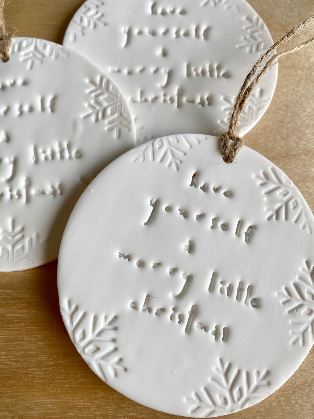 Set of 3 or 5 White Christmas Embossed Ornaments, Clay Christmas ...