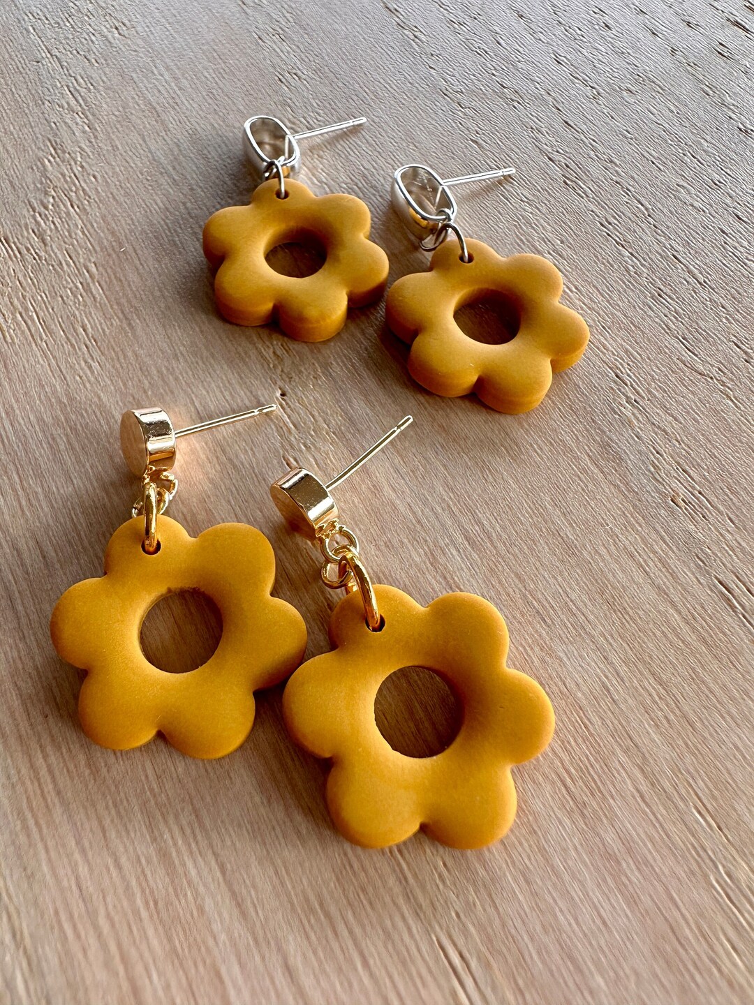 Mustard Clay Daisy Dangles, 18k Gold or Sterling Silver Drop Earrings ...