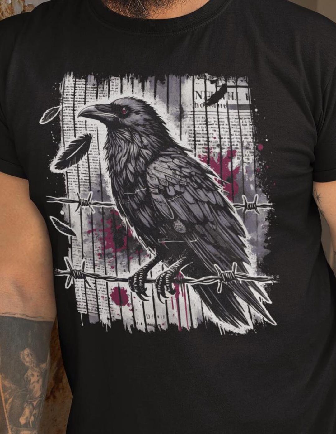 Raven on Barbed Wire, Gothic Grunge Crow Design, Dark Aesthetic Graphic ...
