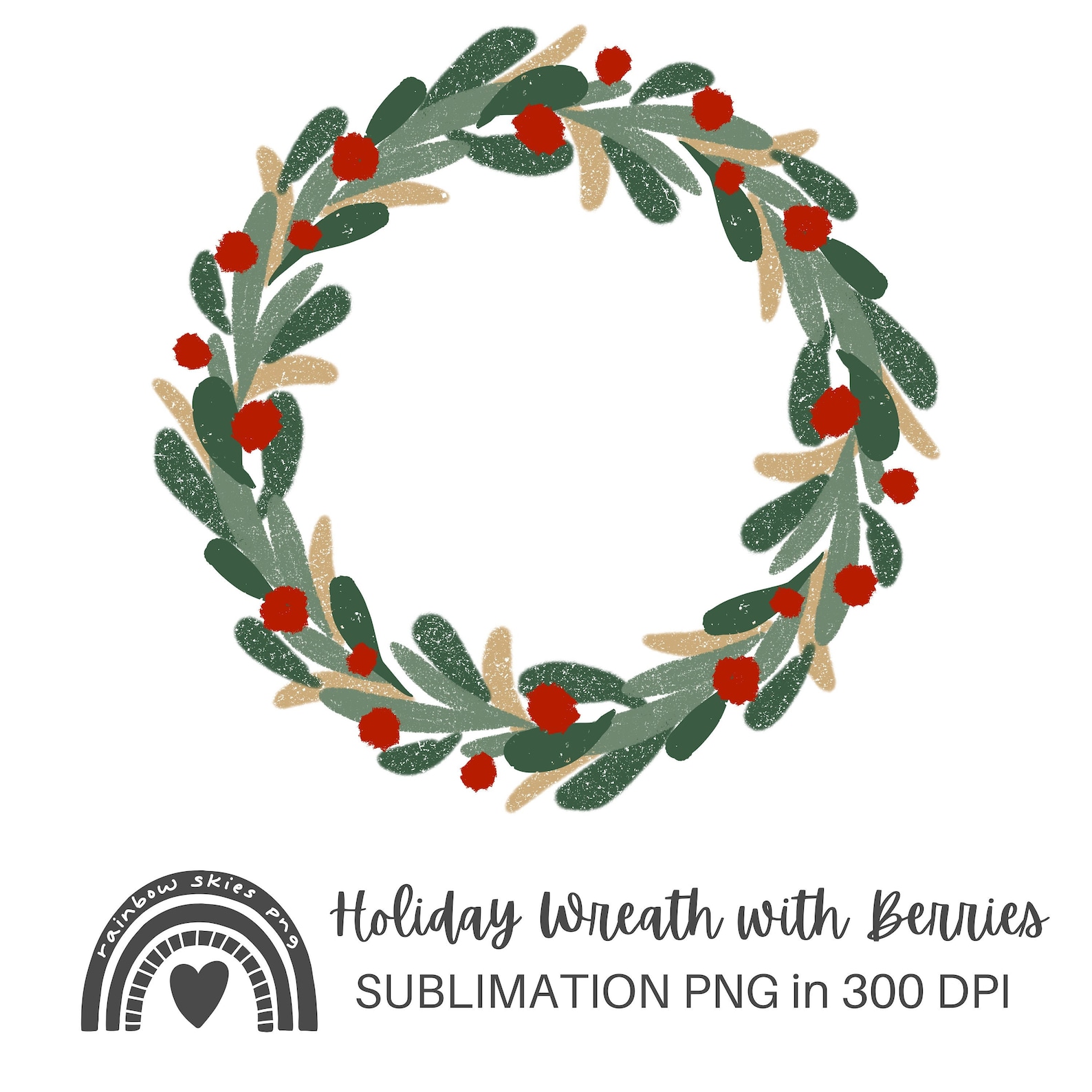 Christmas Wreath Sublimation PNG Holiday Wreath With Berries Green and ...