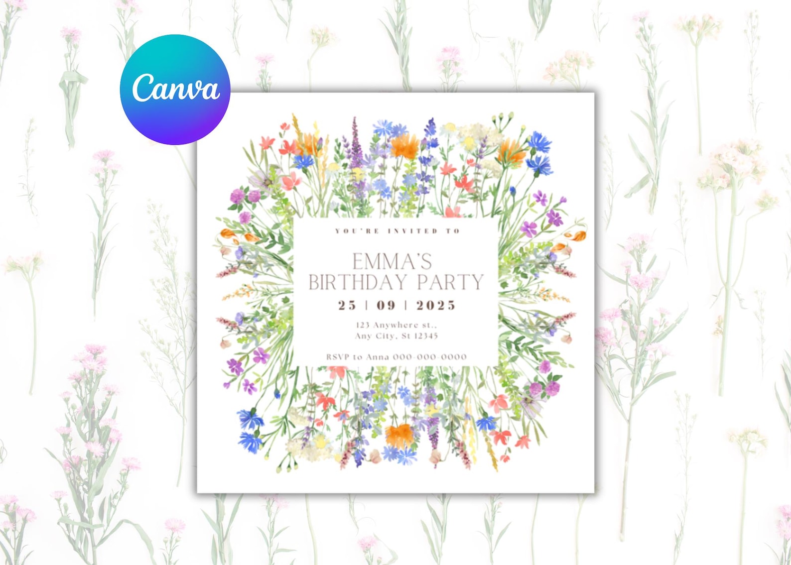 Canva Wildflowers Birthday Invitation, Floral Invite, - Etsy