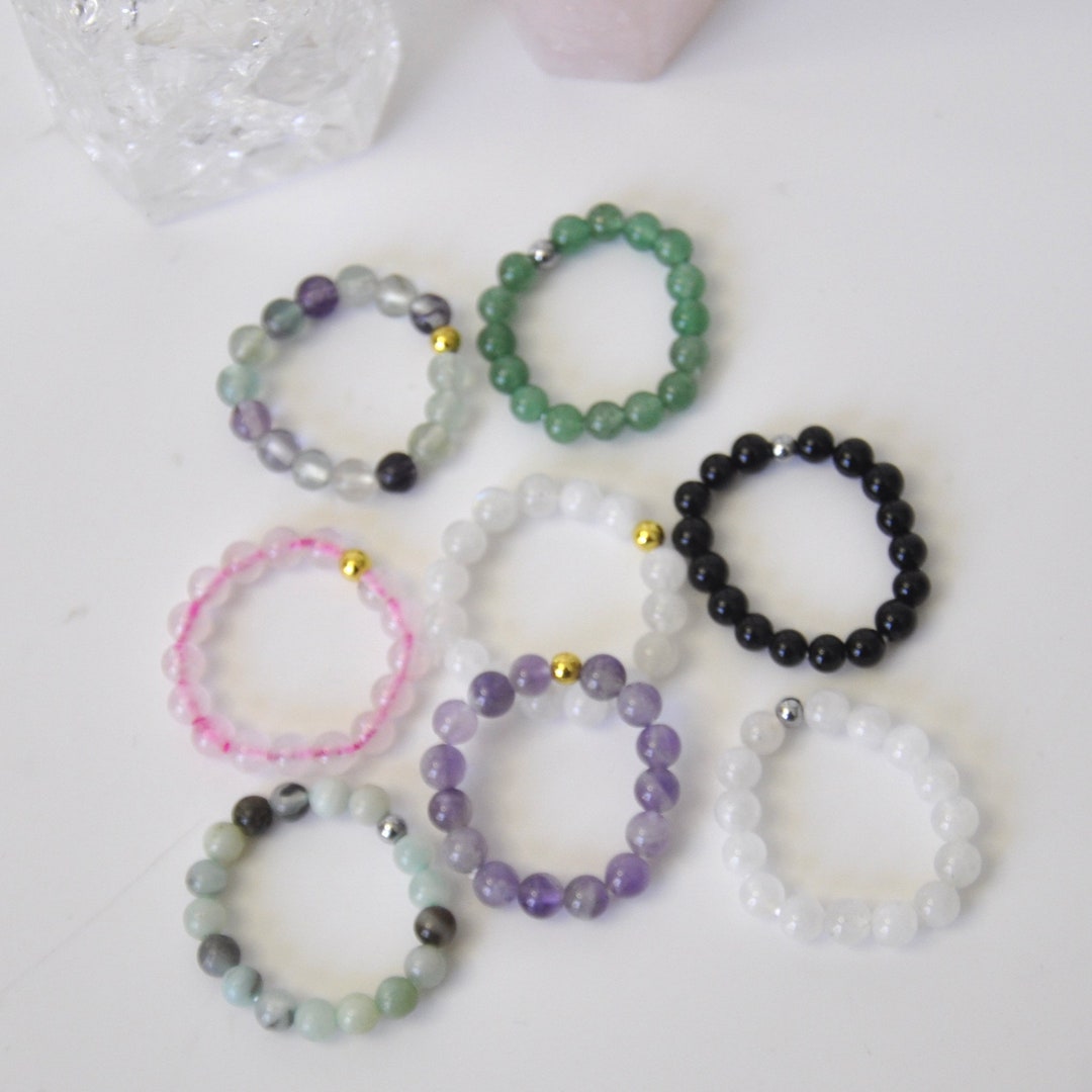 Crystal Gemstone Stackable Ring, Dainty Beaded Stretch Ring, Healing ...